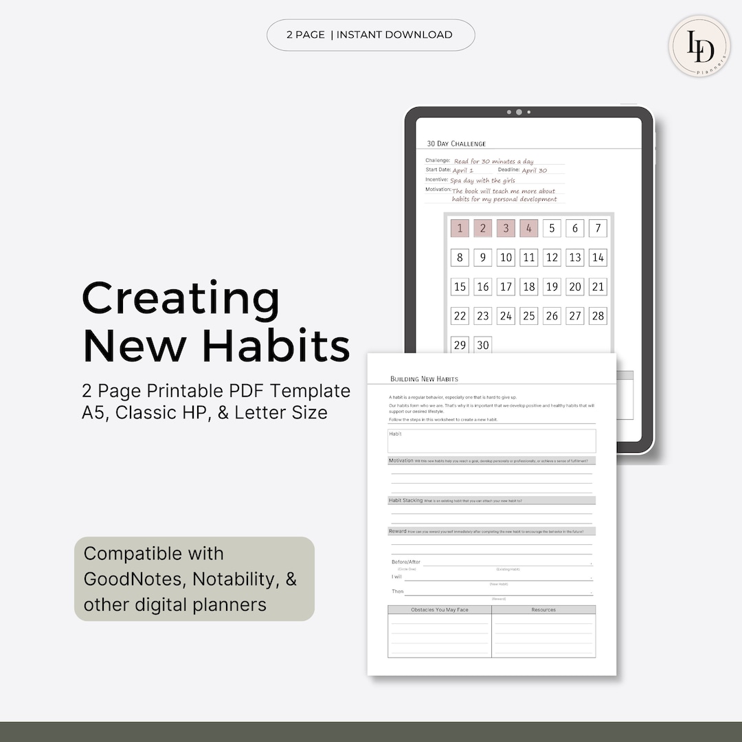 Creating New Habits Worksheet Digital Productivity Planner Insert ...