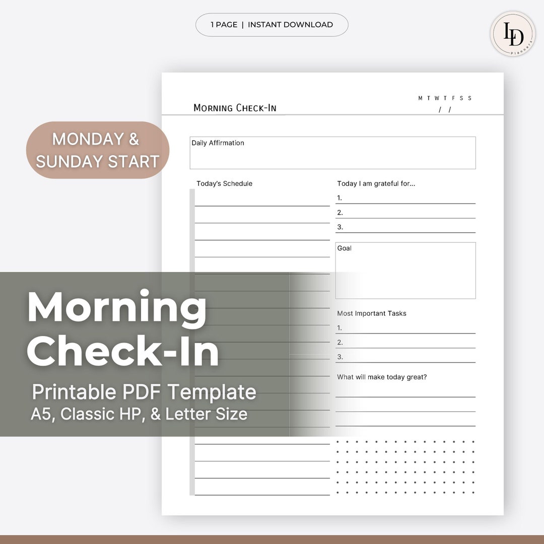 Morning Check-in, Intentional Planning Insert, Daily Journal (printable ...