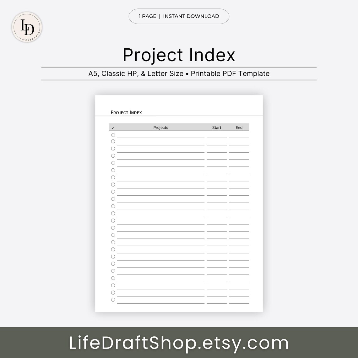 Project Index, Project Management Planner Inserts (printable PDF ...
