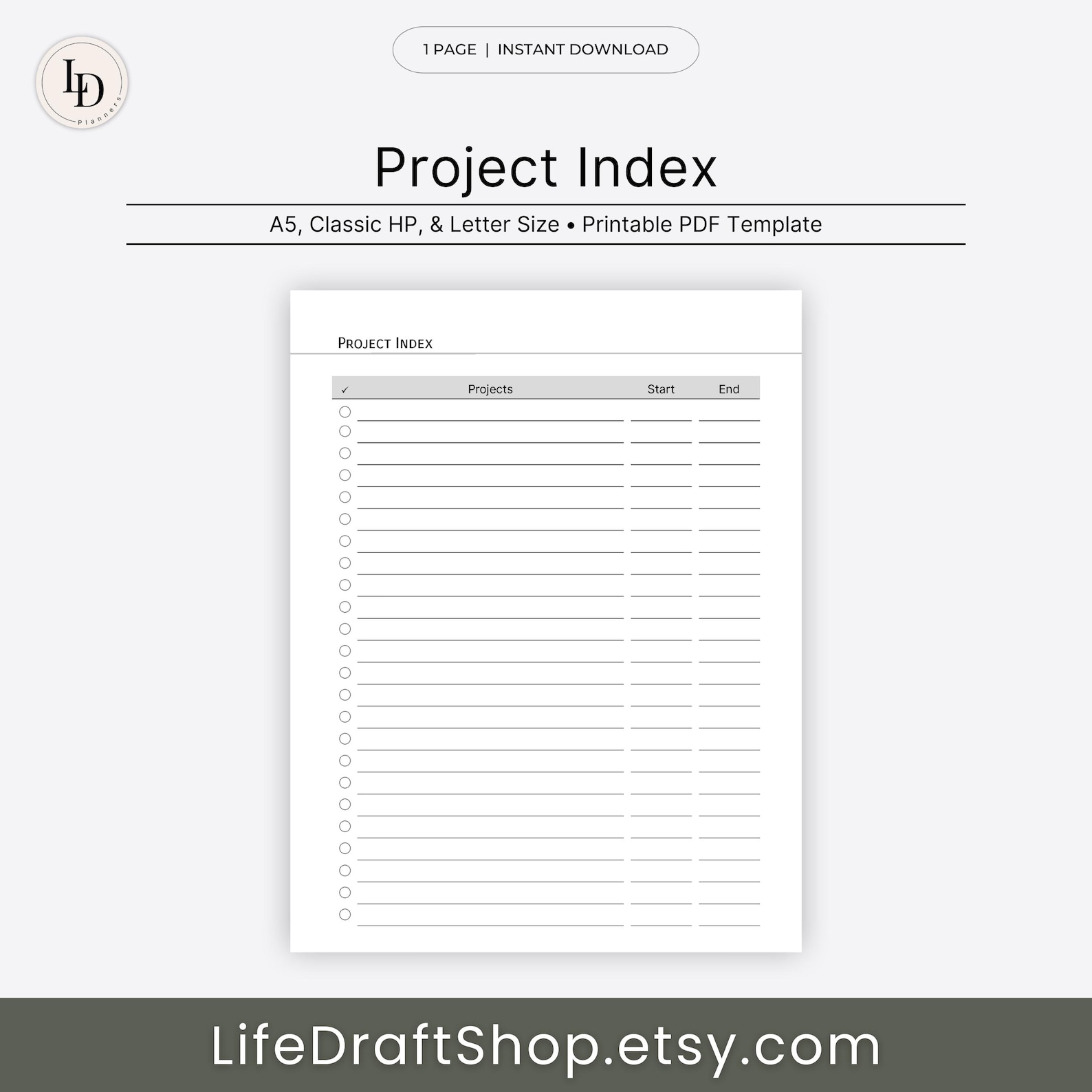 Project Index, Project Management Planner Inserts (printable PDF ...
