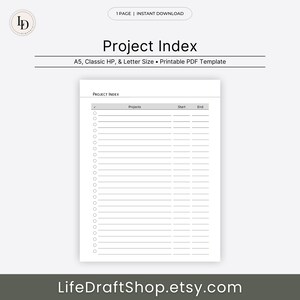 Project Index, Project Management Planner Inserts (printable PDF ...
