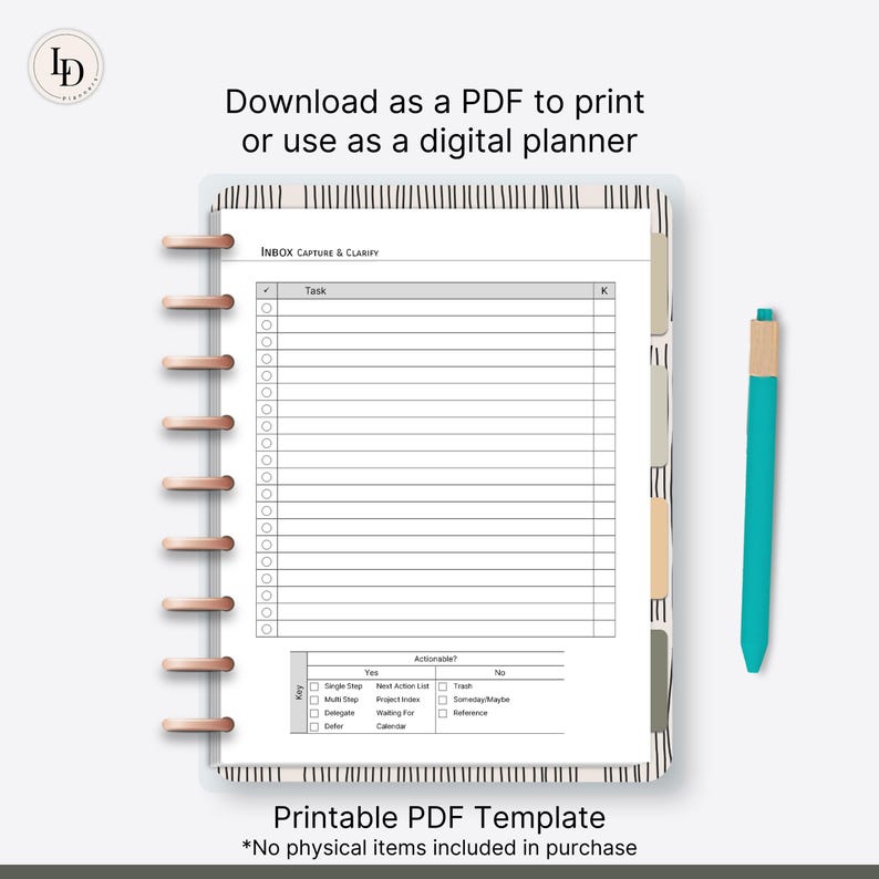Inbox: Capture & Clarify, GTD Inspired Planner Inserts (printable PDF ...