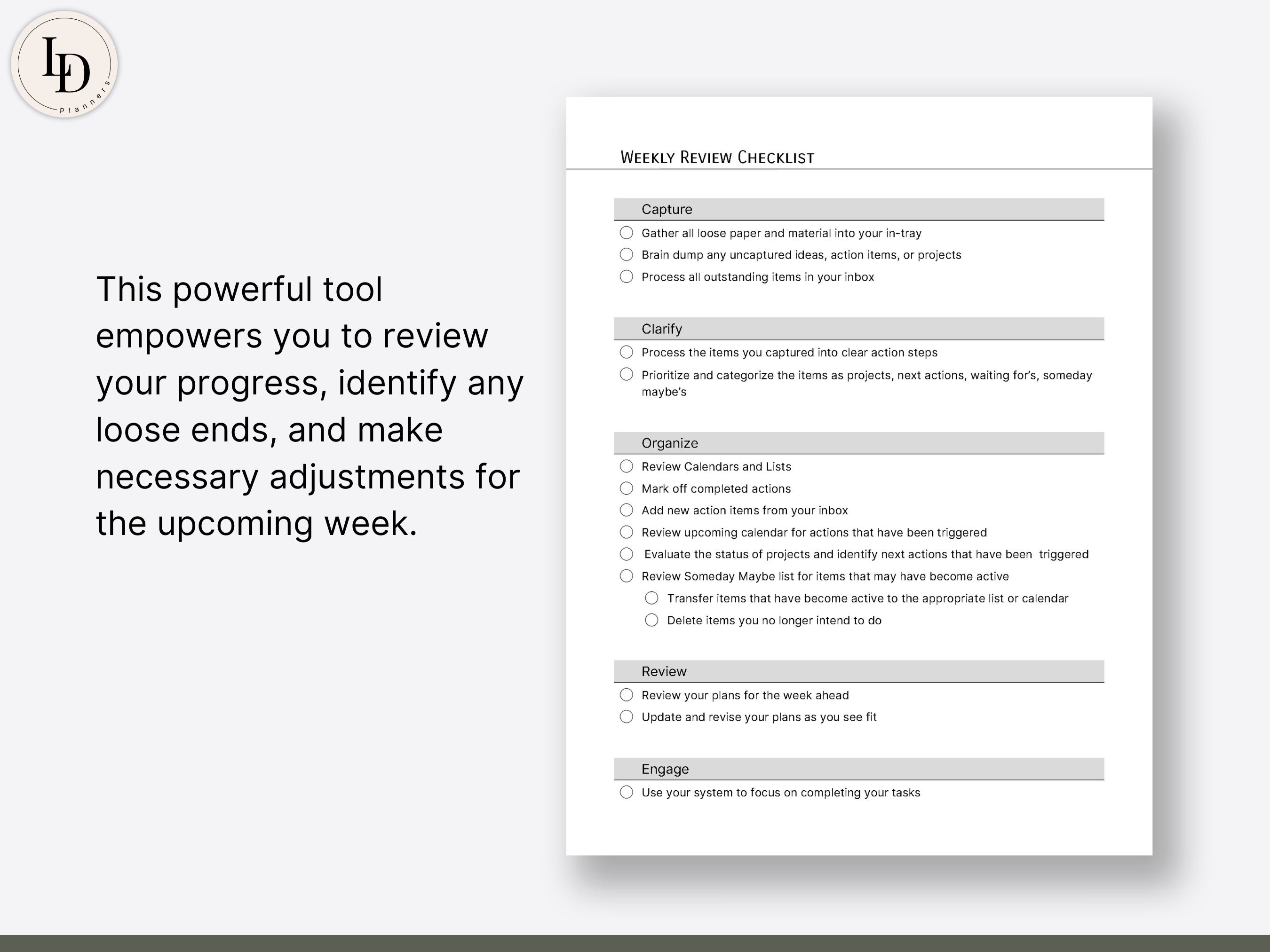 GTD Inspired Weekly Review Checklist, Productivity Planner printable ...