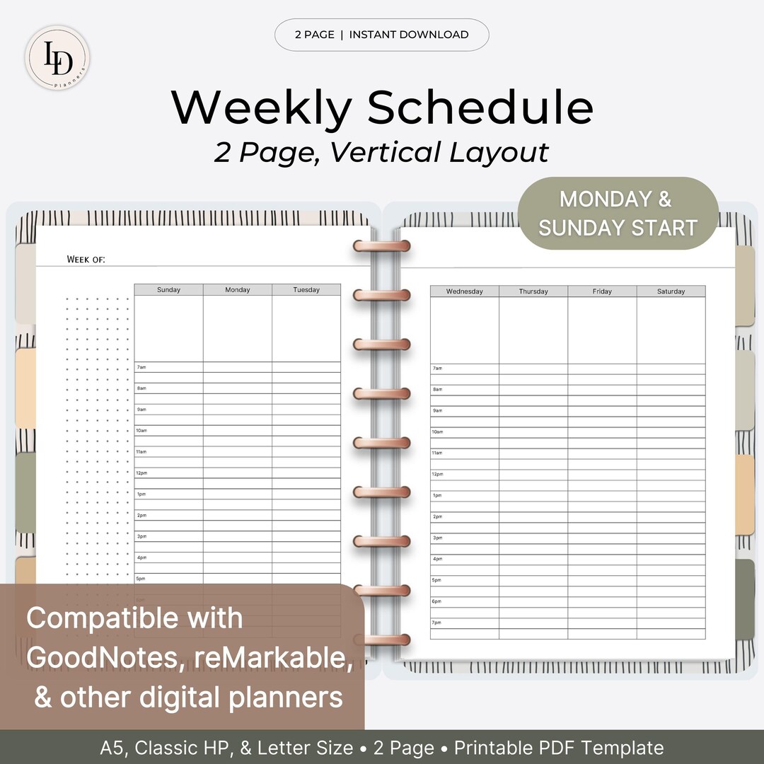 Weekly Schedule, Planner Inserts | 2 Page Vertical Spread | Monday ...