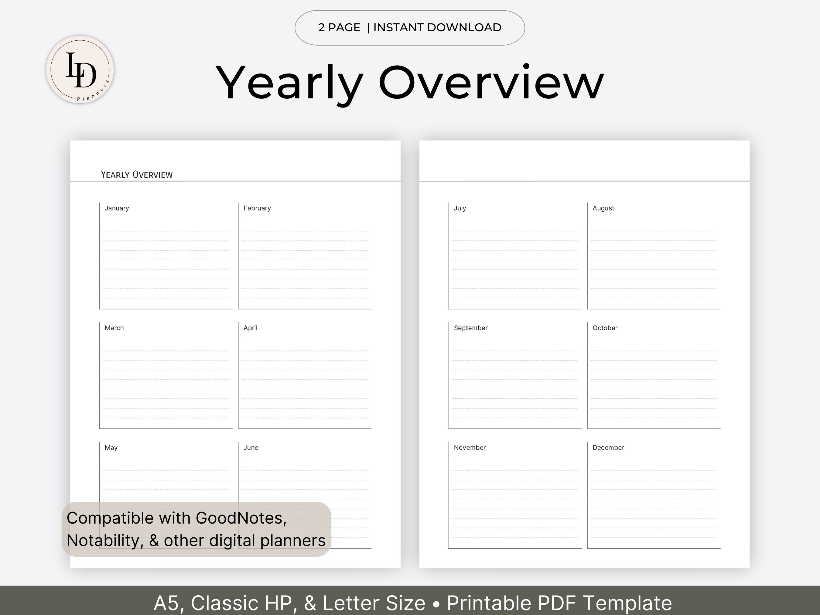 Yearly Overview, 2 Pages Year at a Glance YAG Planner Insert printable ...