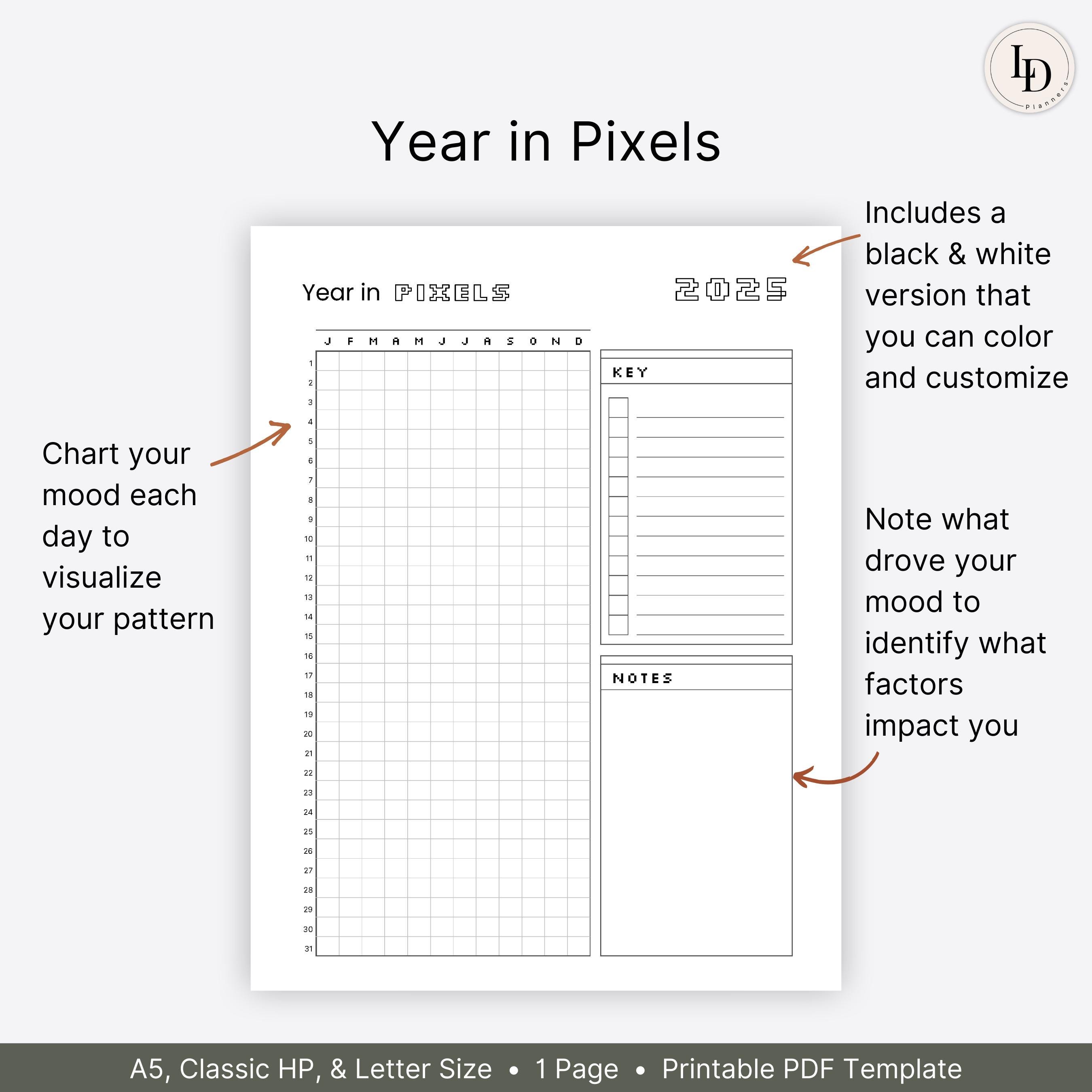 Year in Pixels Mood Tracker: Lifestyle Planner Insert (printable PDF ...