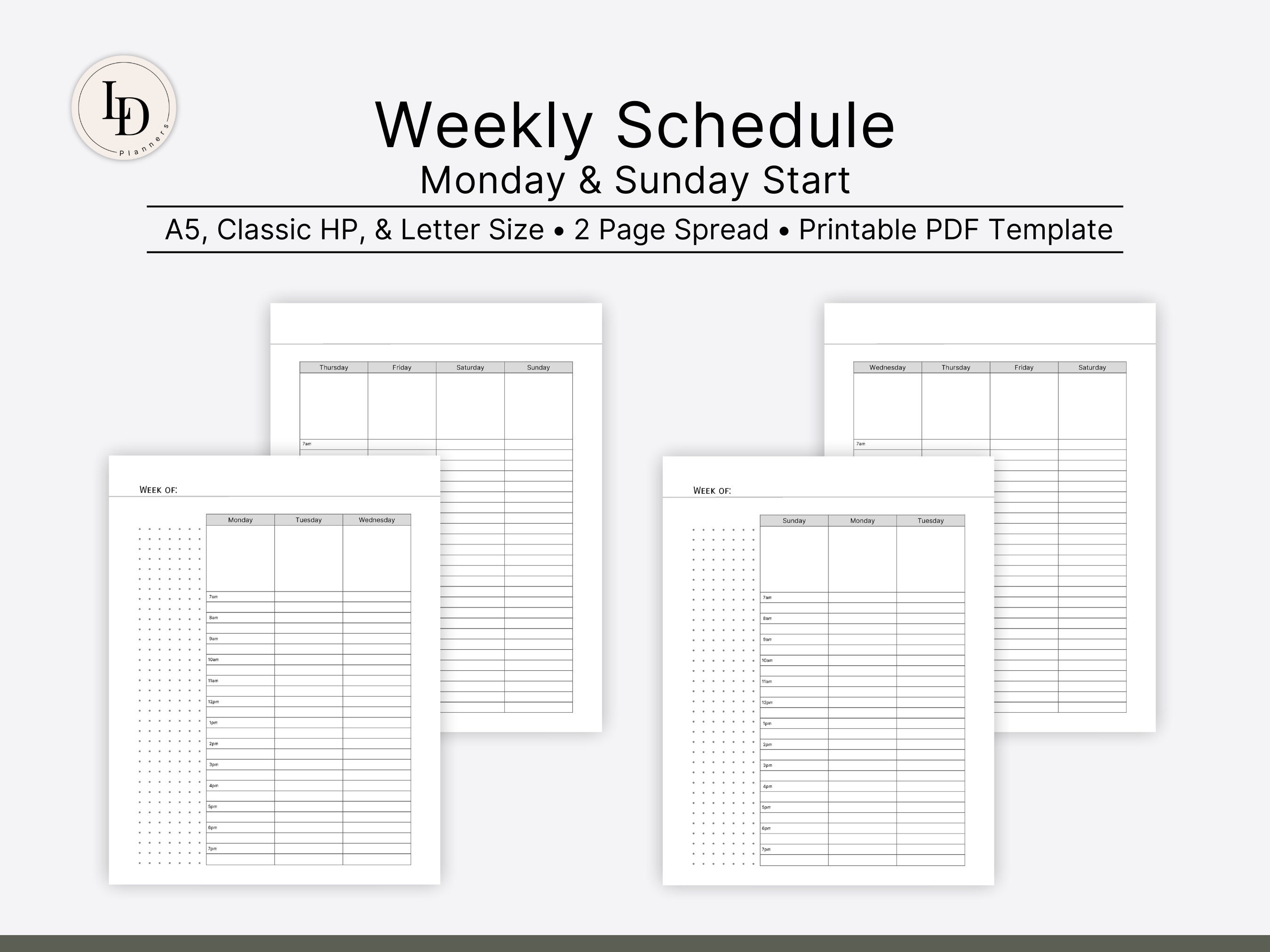 Weekly Schedule, Planner Inserts 2 Page Vertical Spread Monday & Sunday ...