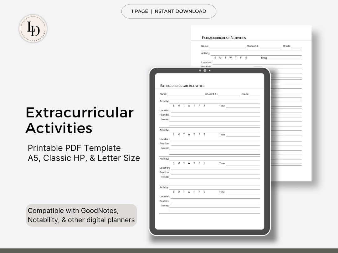 Extracurricular Activities Tracker, Academic Planner Inserts for ...
