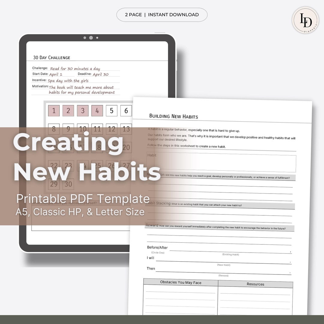 Creating New Habits Worksheet, Digital Planner Insert (printable PDF ...