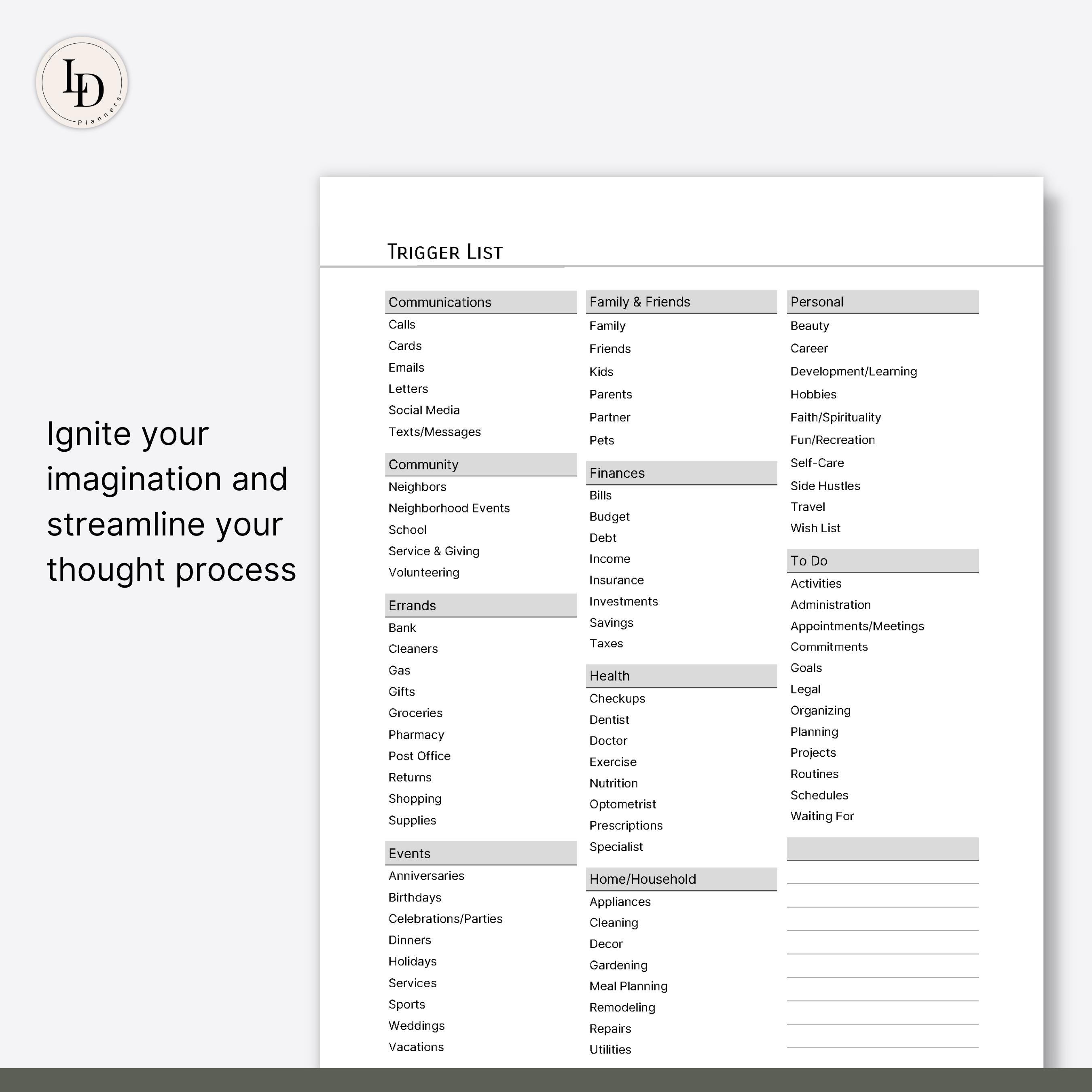 Trigger List, Brain Dumping Prompts, Planner Insert (printable PDF ...