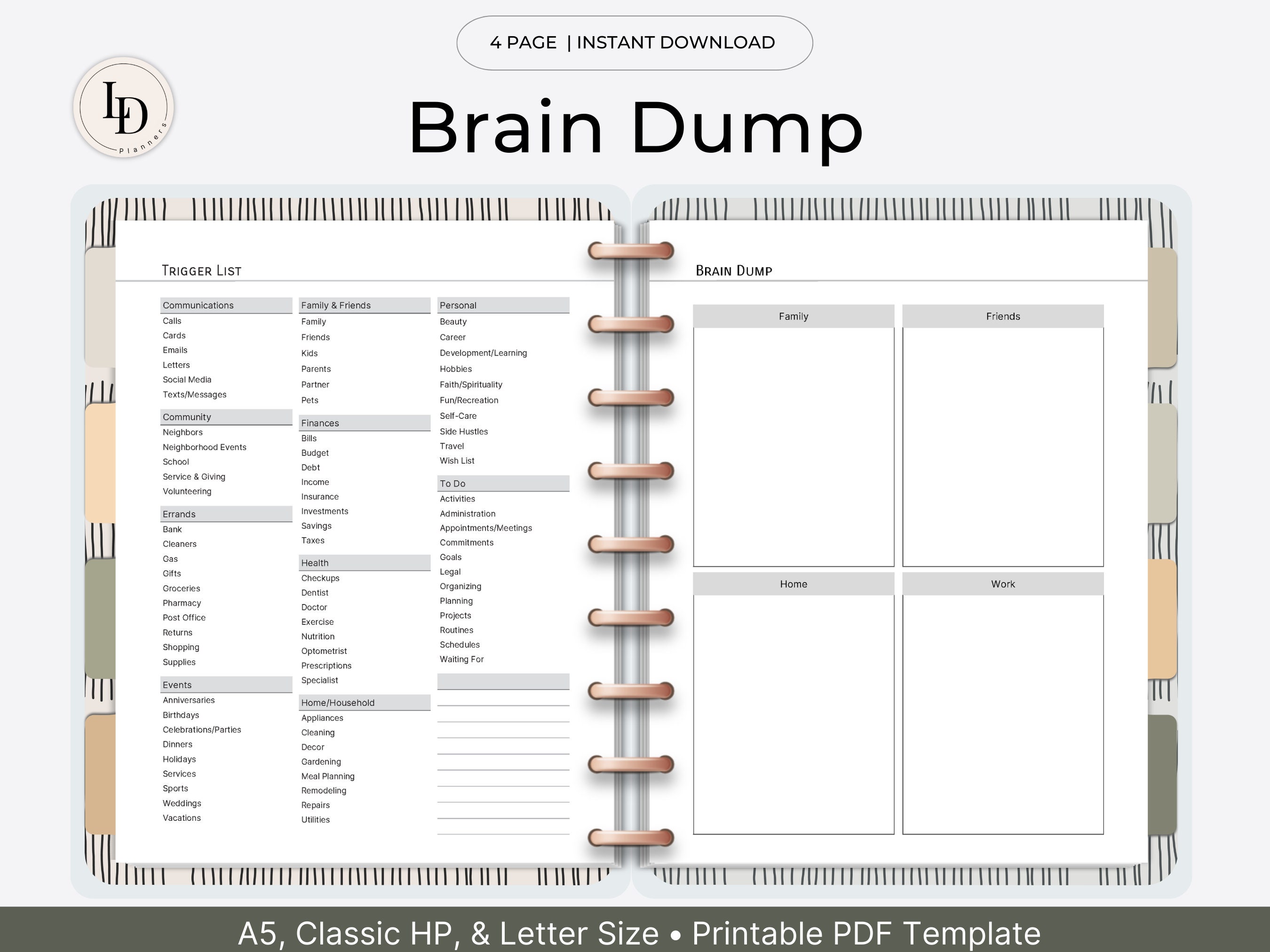 Brain Dump & Trigger List, Productivity Planner Insert printable PDF ...