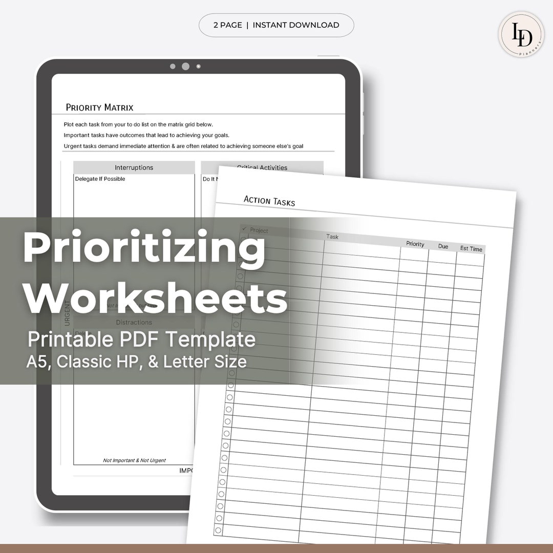 Prioritizing Worksheets, Time Management Digital Planner Inserts ...