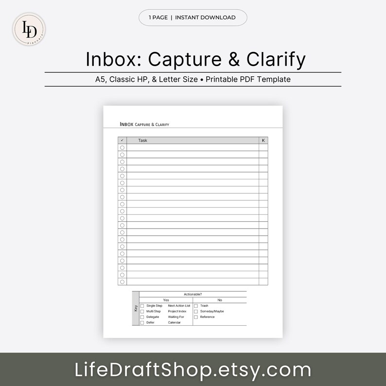 Inbox: Capture & Clarify, GTD Inspired Planner Inserts (printable PDF ...