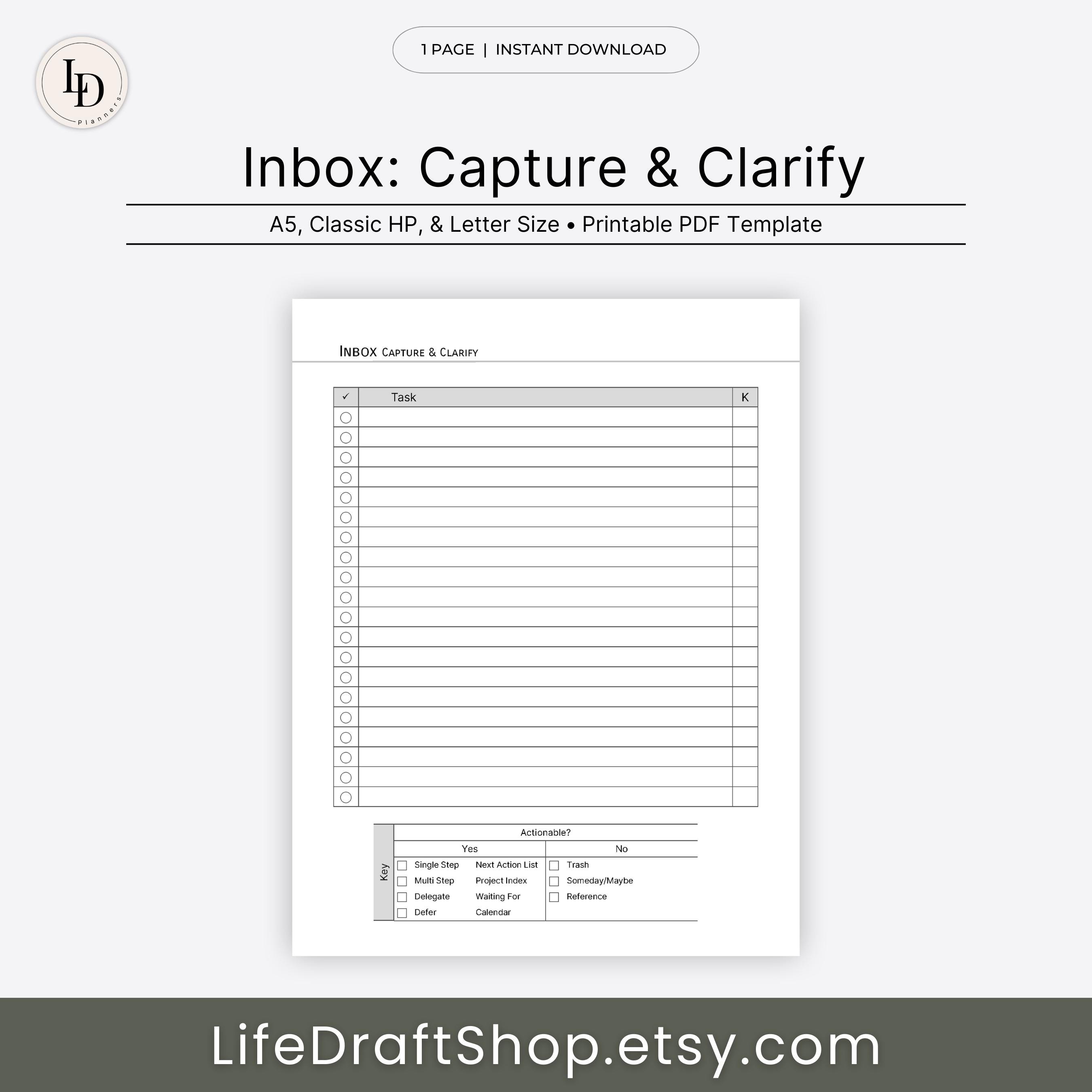 Inbox: Capture & Clarify, GTD Inspired Planner Inserts printable PDF ...