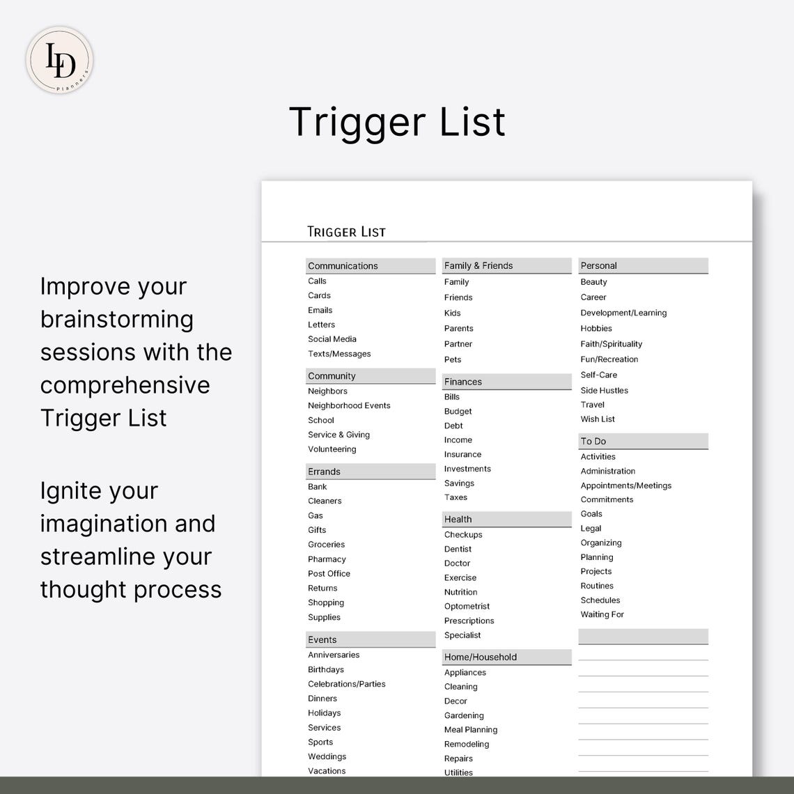 Brain Dump & Trigger List, Planner Insert (printable PDF Template) - Etsy