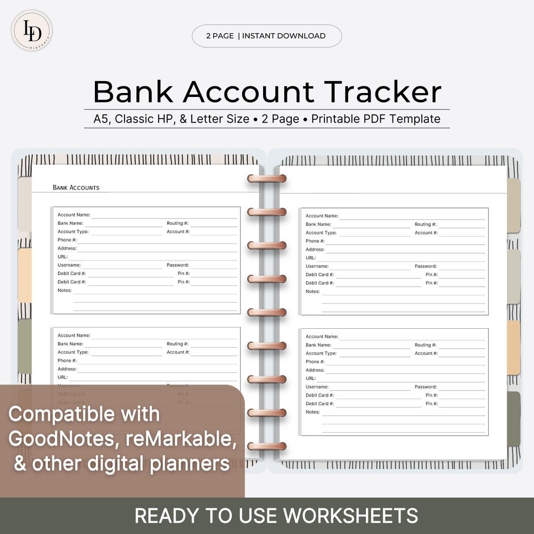 Bank Account Tracker, Financial Planner Insert | Printable PDF Template ...