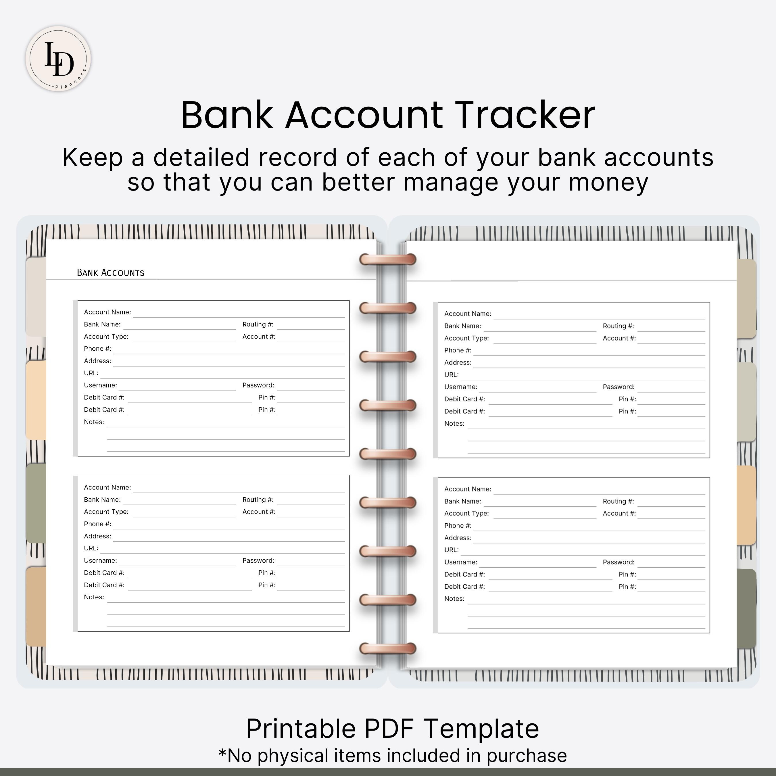 Bank Account Tracker, Financial Planner Insert | Printable PDF Template ...