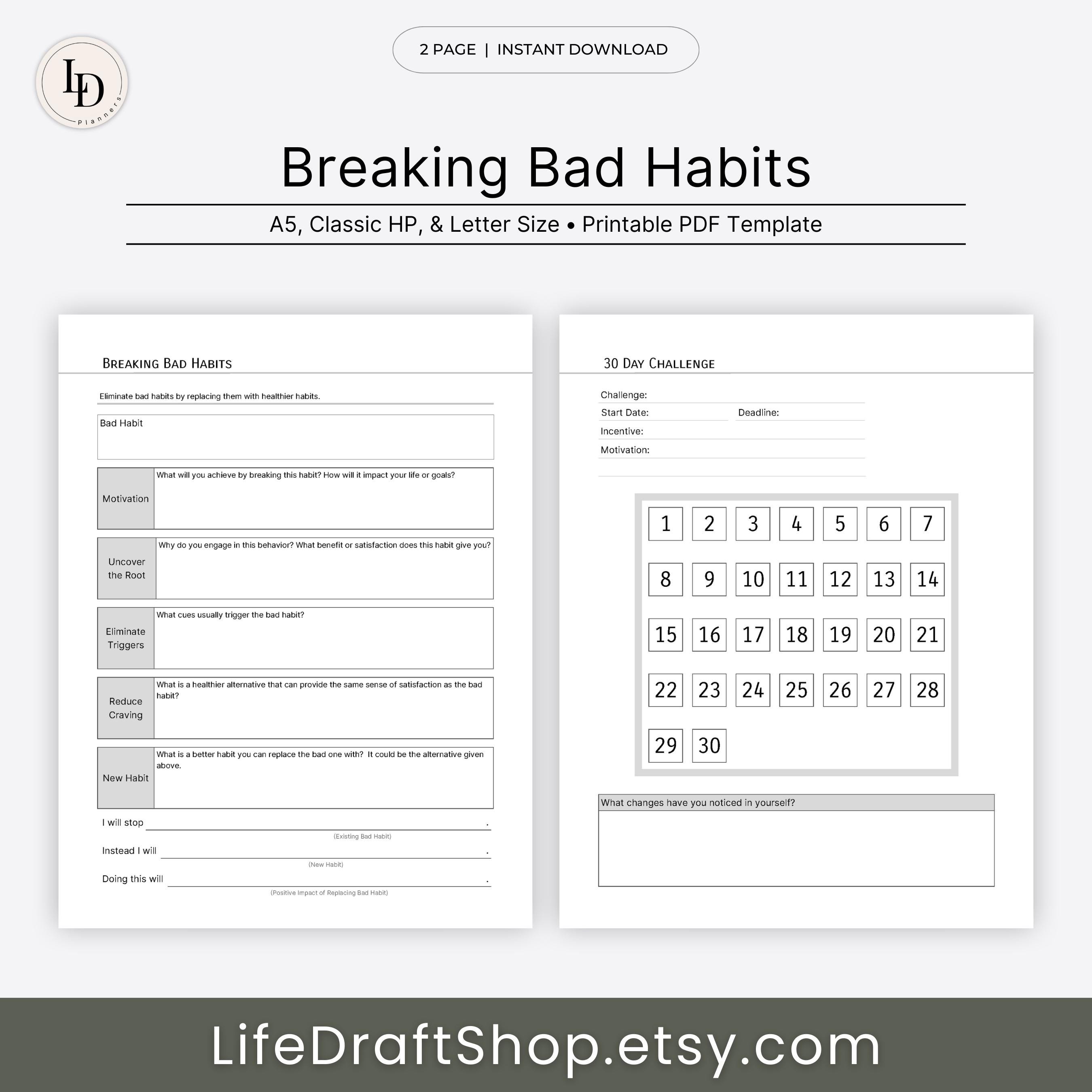 Breaking Bad Habits Worksheet, Digital Planner Insert (printable PDF ...