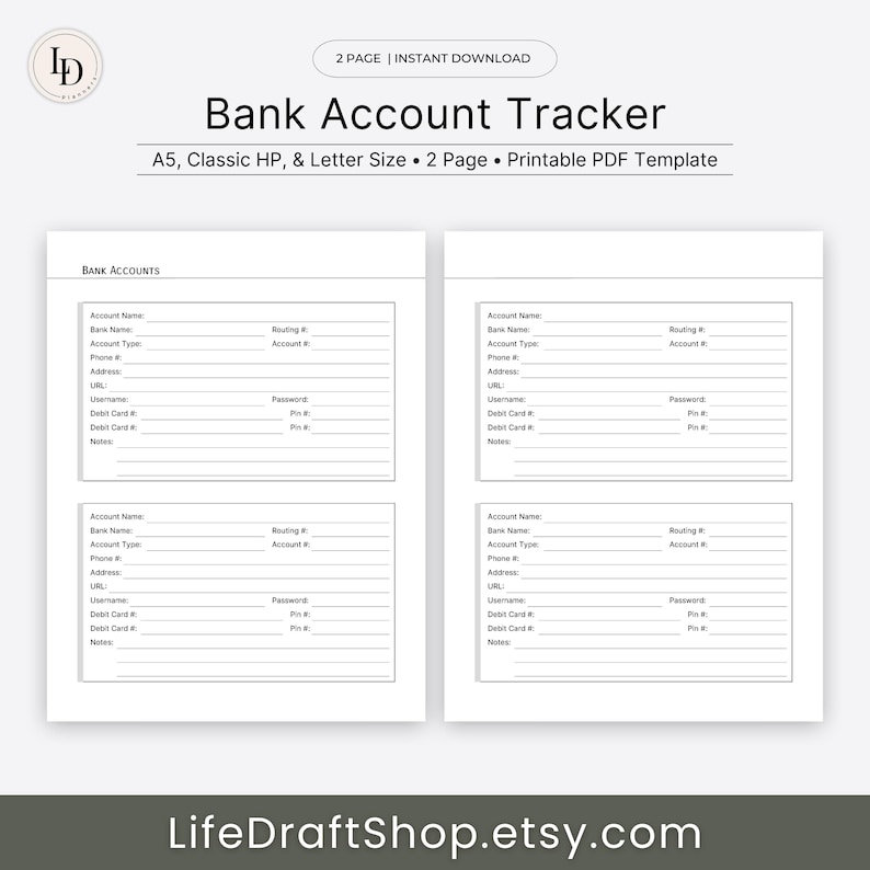 Bank Account Tracker, Financial Planner Insert | Printable PDF Template ...