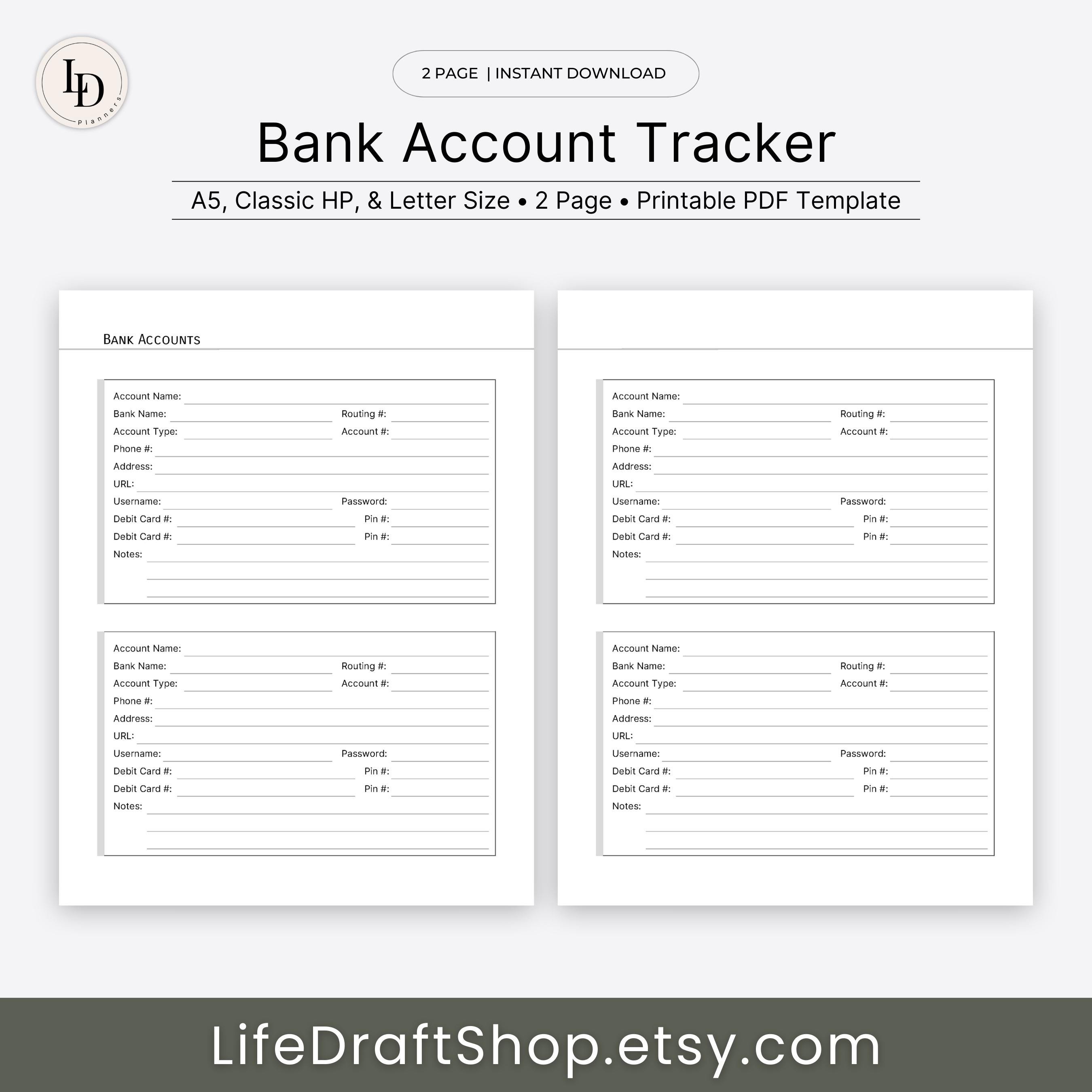 Bank Account Tracker, Financial Planner Insert | Printable PDF Template ...