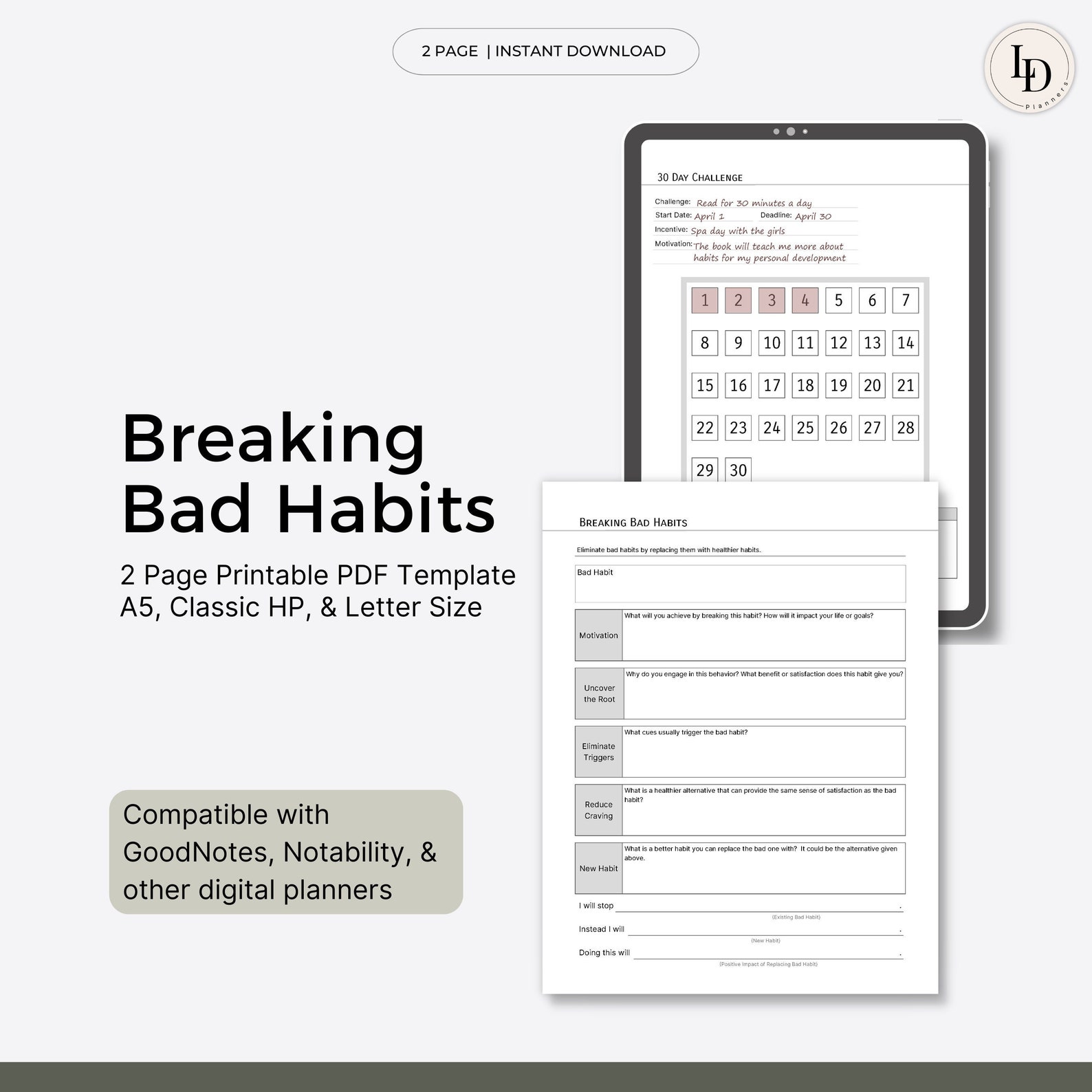 Breaking Bad Habits Worksheet Digital Productivity Planner Insert ...