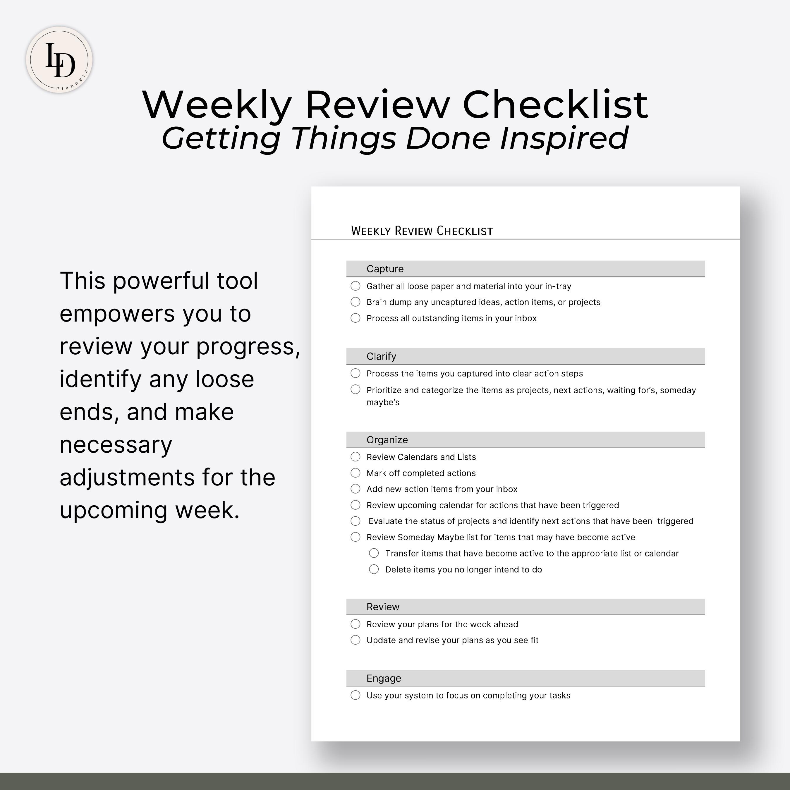 GTD Inspired Weekly Review Checklist, Digital Planner Insert (printable ...