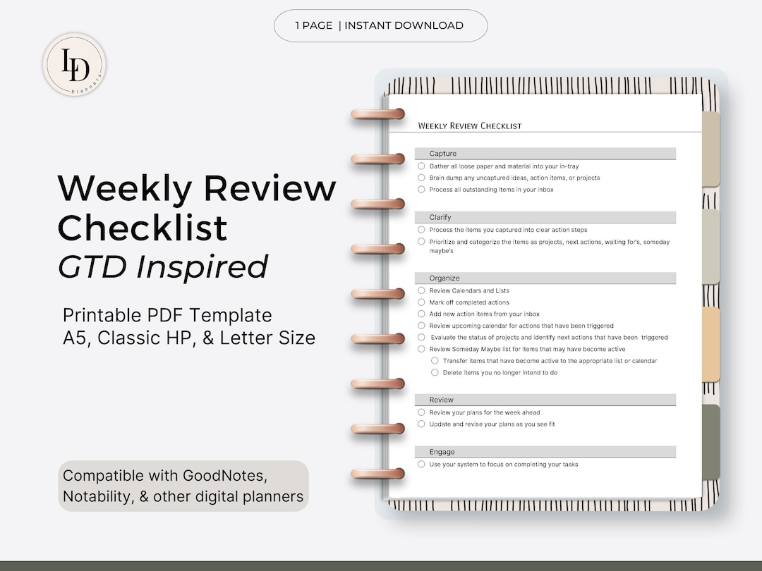 GTD Inspired Weekly Review Checklist, Productivity Planner printable ...