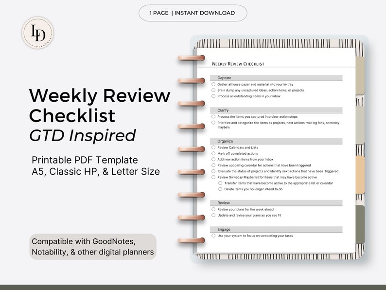 GTD Inspired Weekly Review Checklist, Productivity Planner printable ...