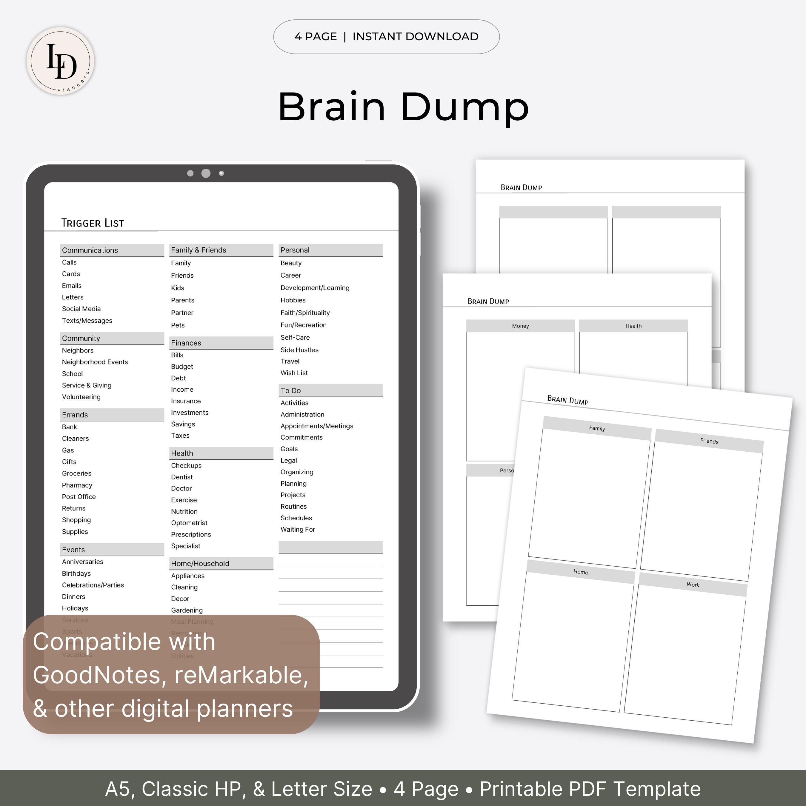 Brain Dump & Trigger List, Planner Insert (printable PDF Template) - Etsy