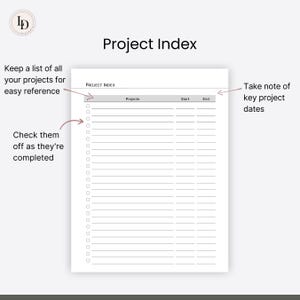 Project Index, Project Management Planner Inserts (printable PDF ...