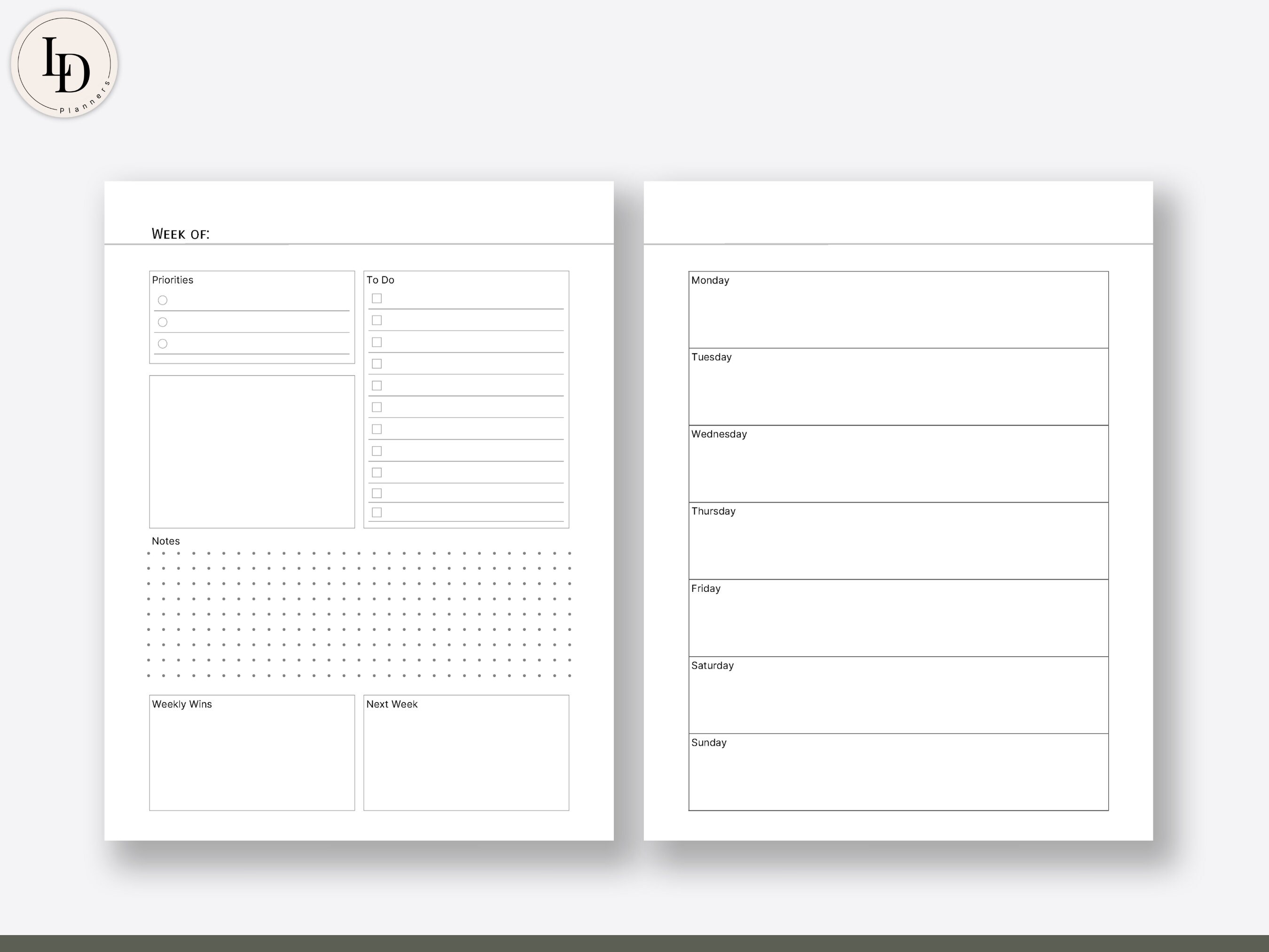 Weekly Planner Inserts, 2 Page Dashboard Spread printable PDF Template ...