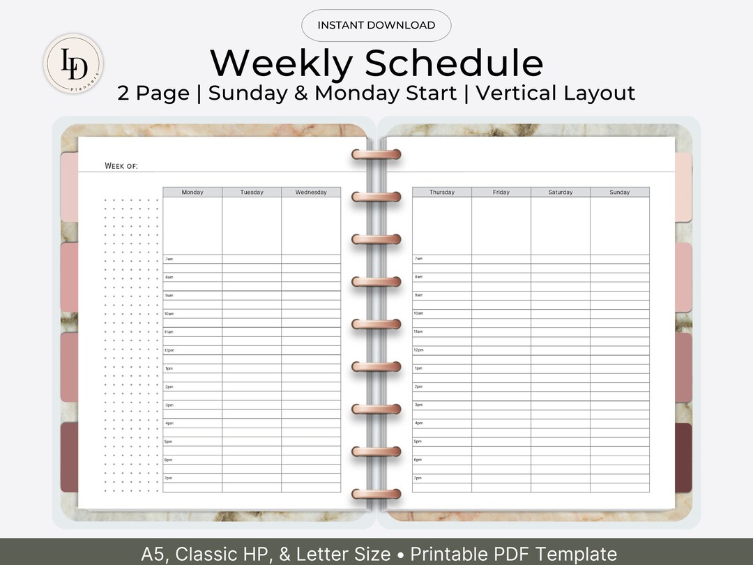 Weekly Schedule, Planner Inserts 2 Page Vertical Spread Monday & Sunday ...