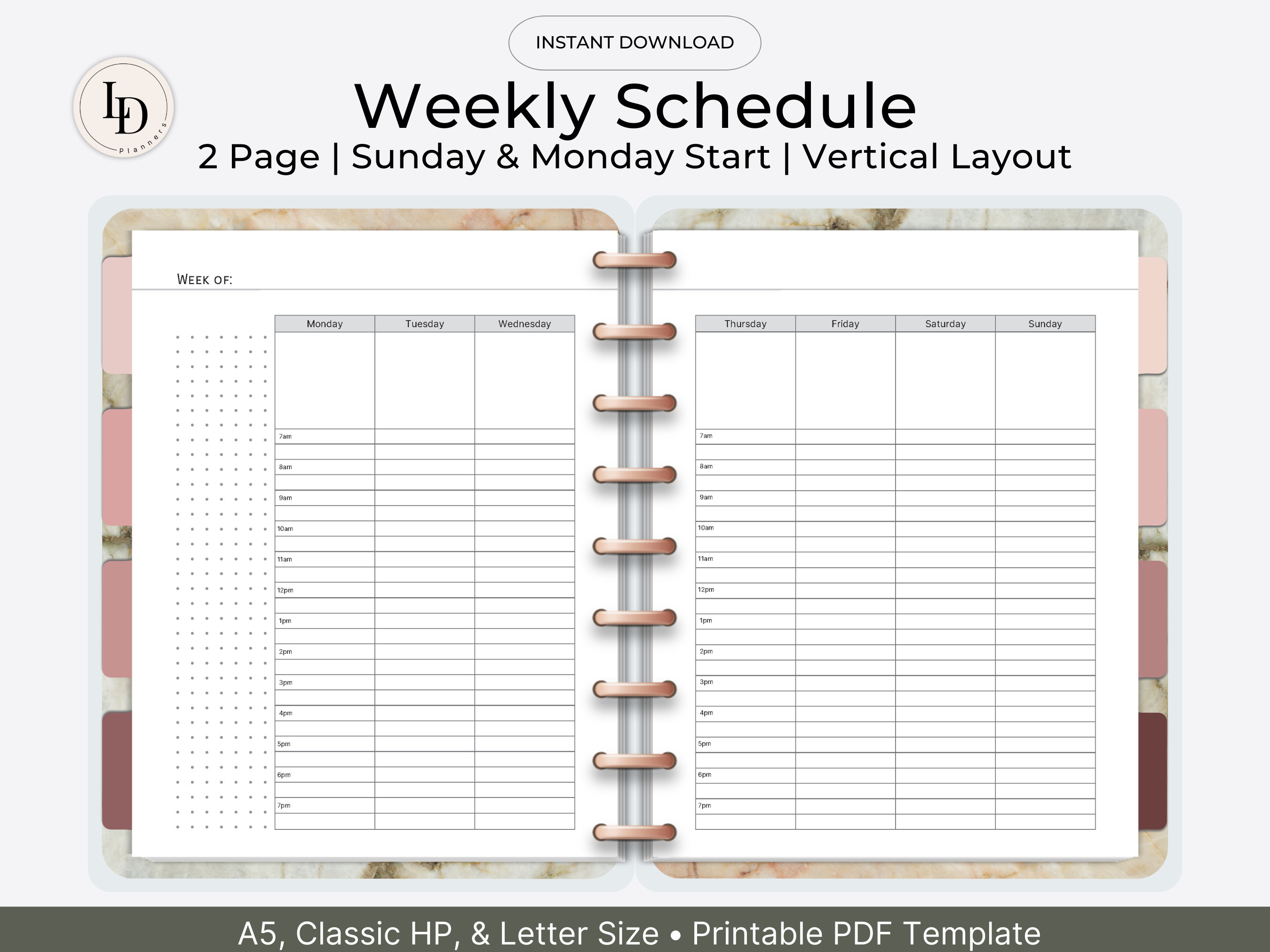 Weekly Schedule, Planner Inserts 2 Page Vertical Spread Monday & Sunday ...