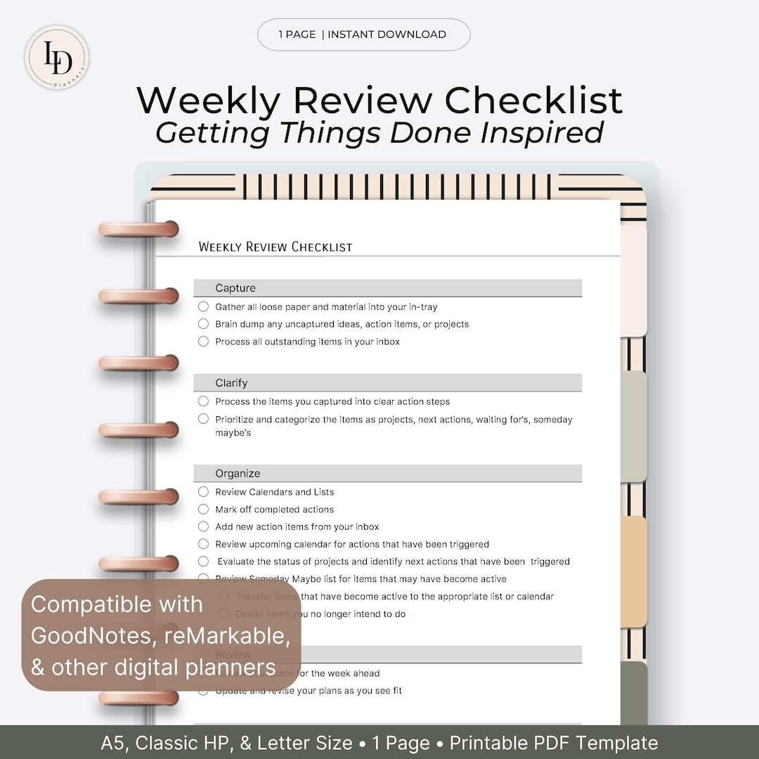 GTD Inspired Weekly Review Checklist, Digital Planner Insert (printable PDF Template) - Etsy