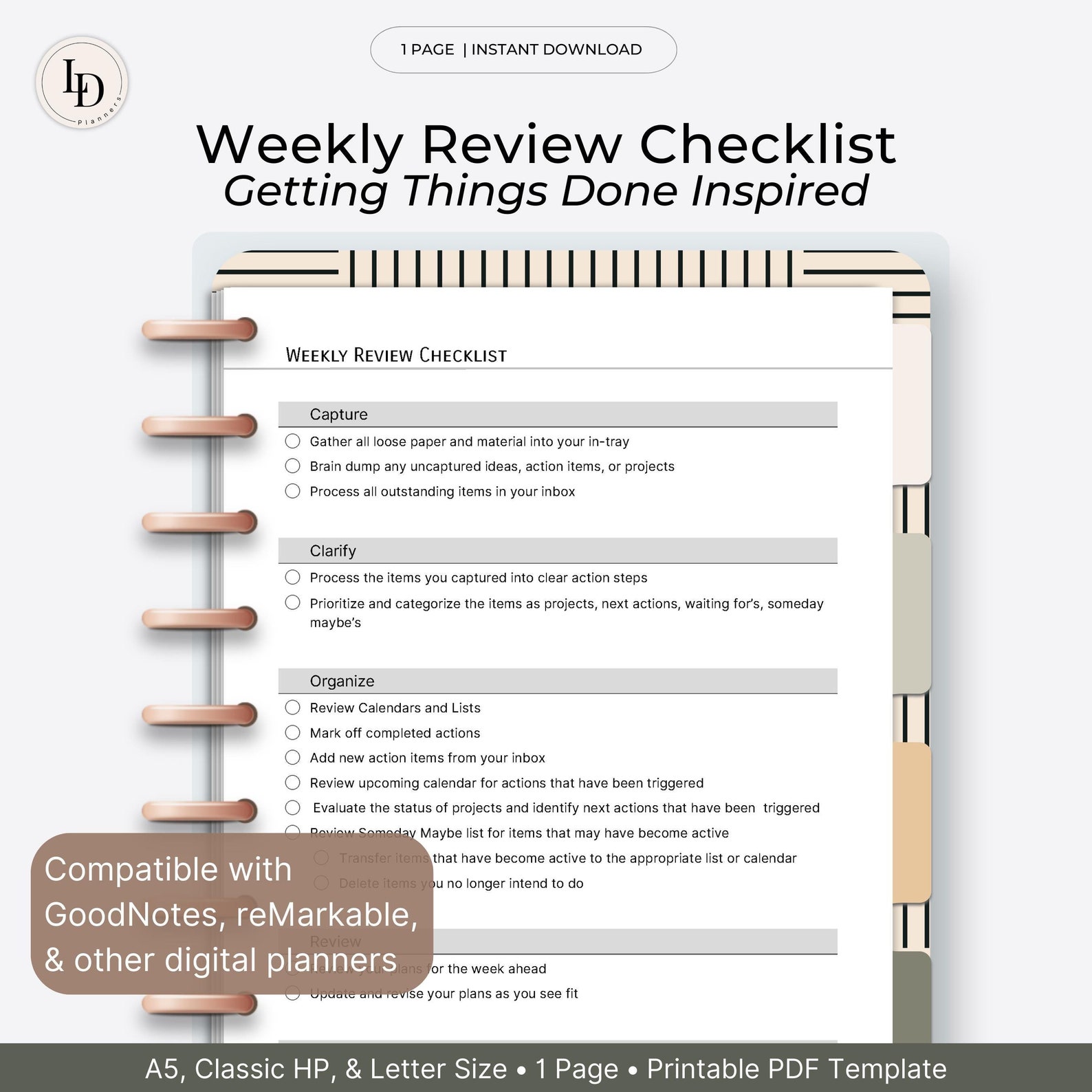 GTD Inspired Weekly Review Checklist, Digital Planner Insert (printable ...