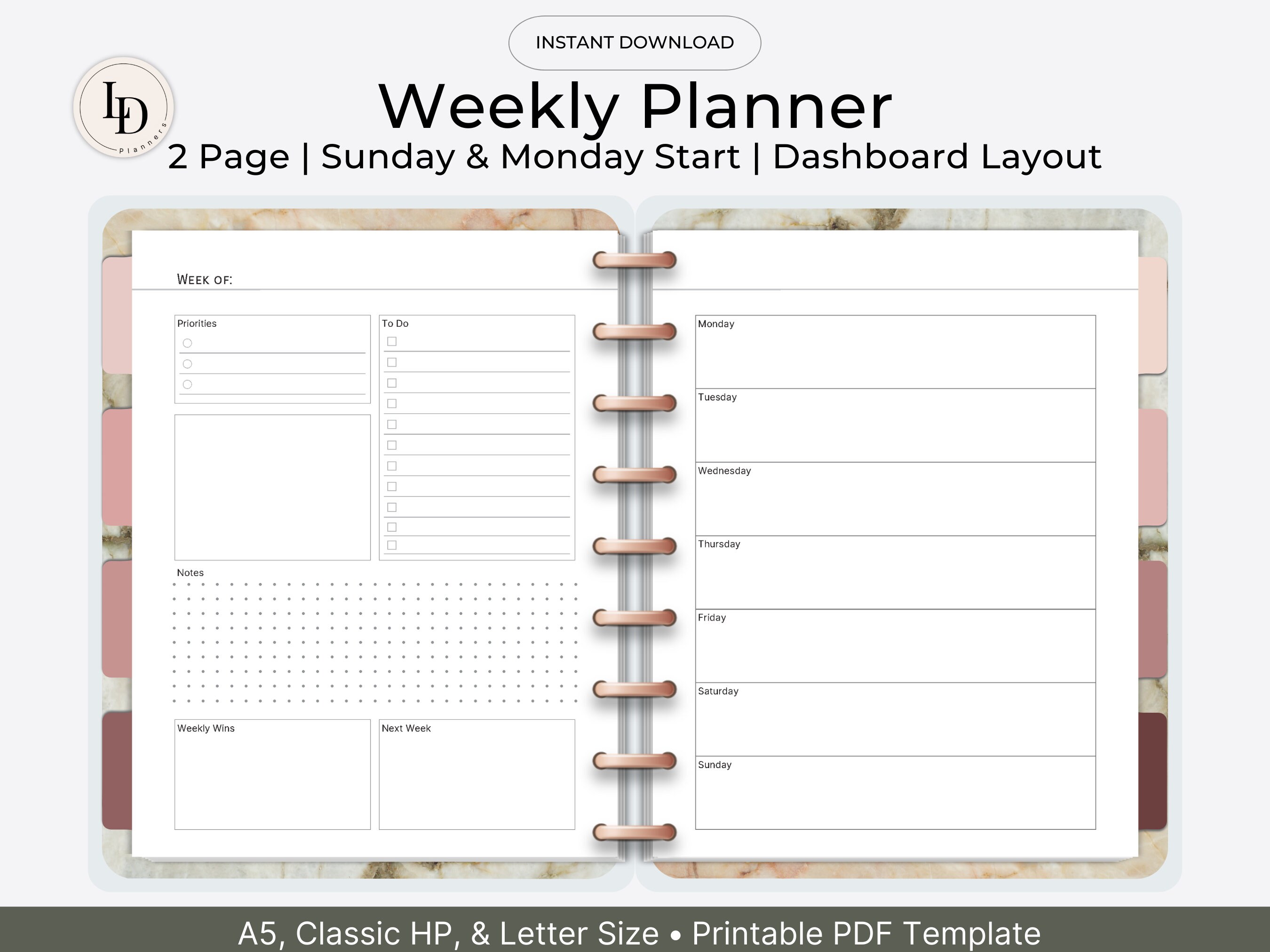 Weekly Planner Inserts, 2 Page Dashboard Spread printable PDF Template ...