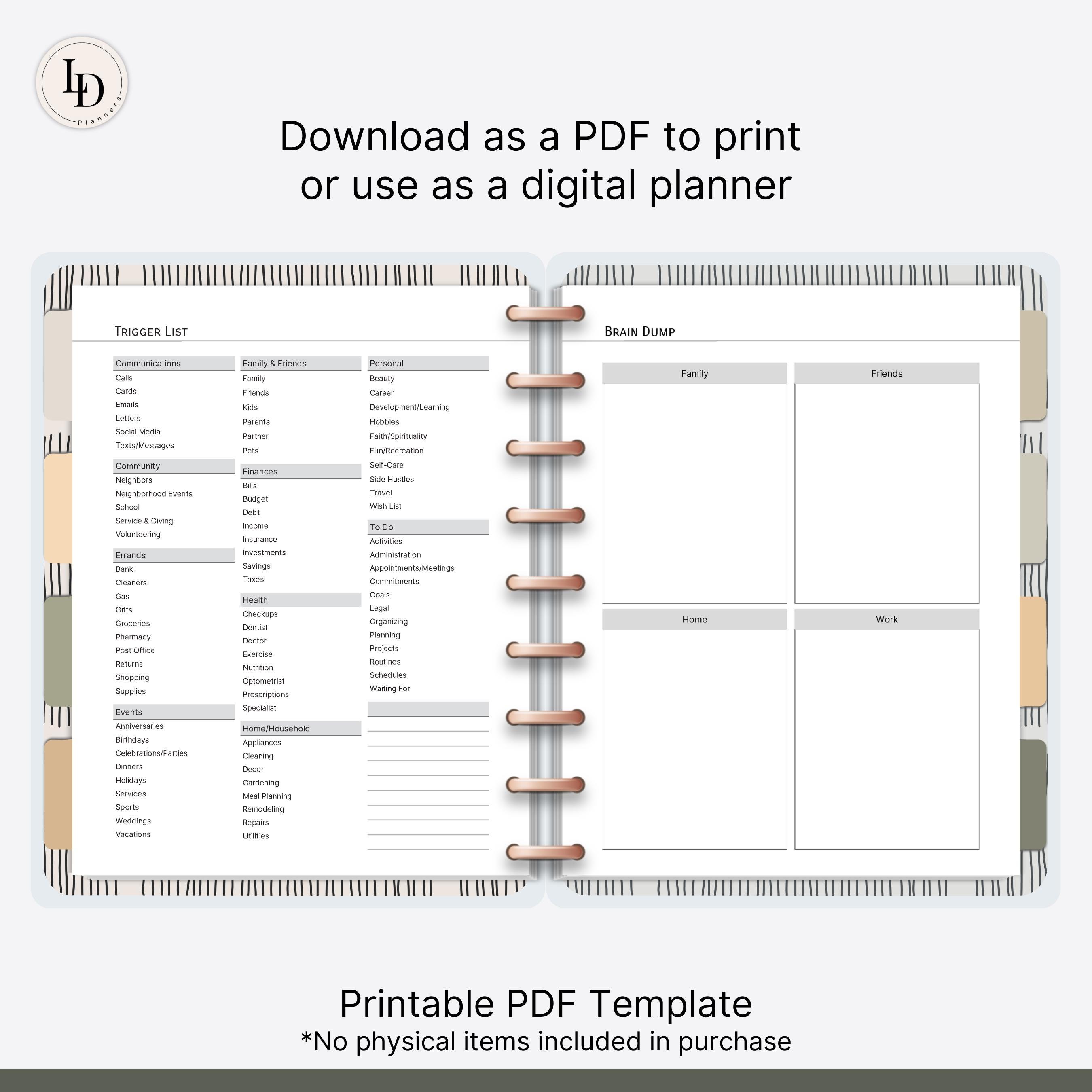 Brain Dump & Trigger List, Planner Insert (printable PDF Template) - Etsy