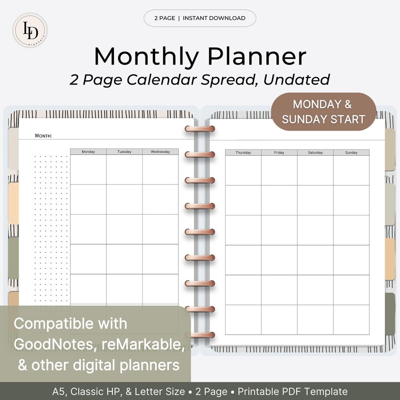 Monthly Planner Insert, 2 Page Spread Undated Calendar (printable PDF ...