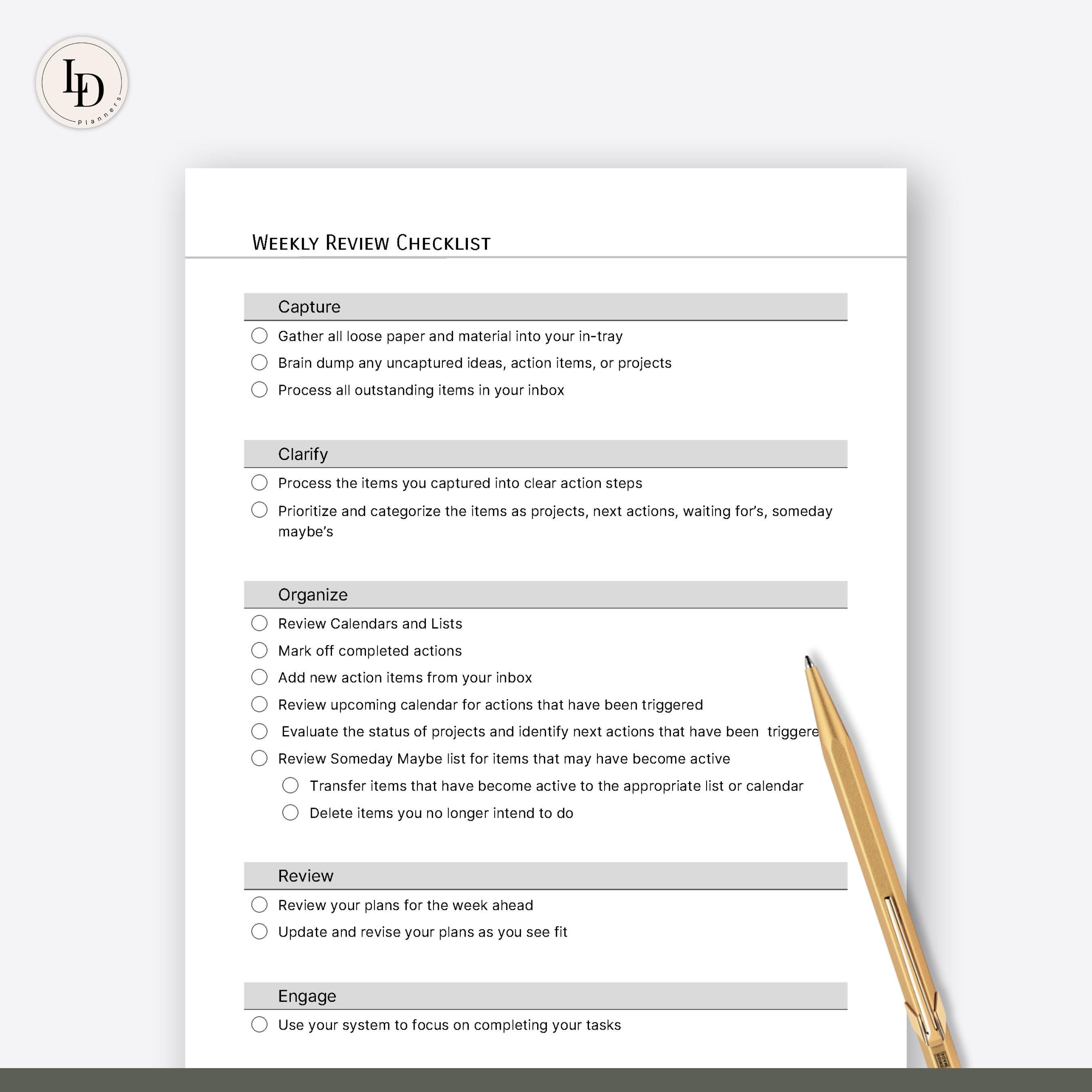 GTD Inspired Weekly Review Checklist, Digital Planner Insert (printable ...