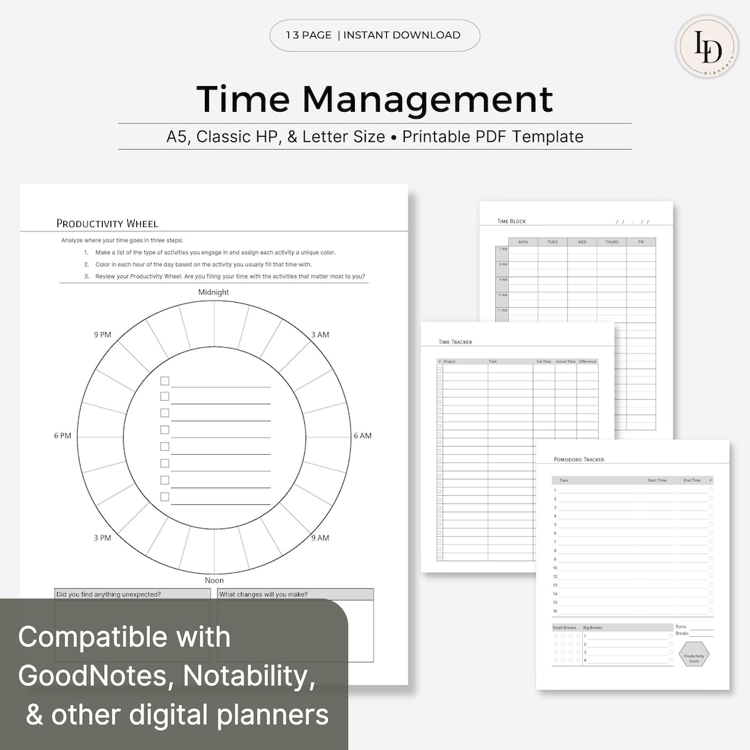 Time Management Tools, Digital Planner Inserts (printable PDF Template ...