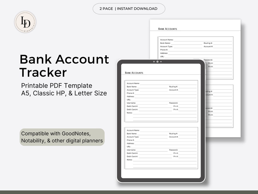 Bank Account Tracker, Financial Planner Insert Printable PDF Template ...
