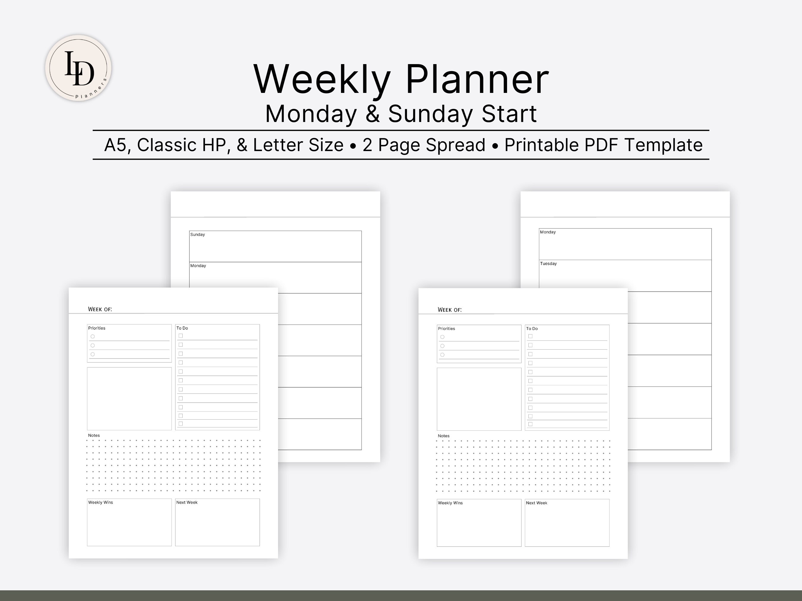 Weekly Planner Inserts, 2 Page Dashboard Spread printable PDF Template ...