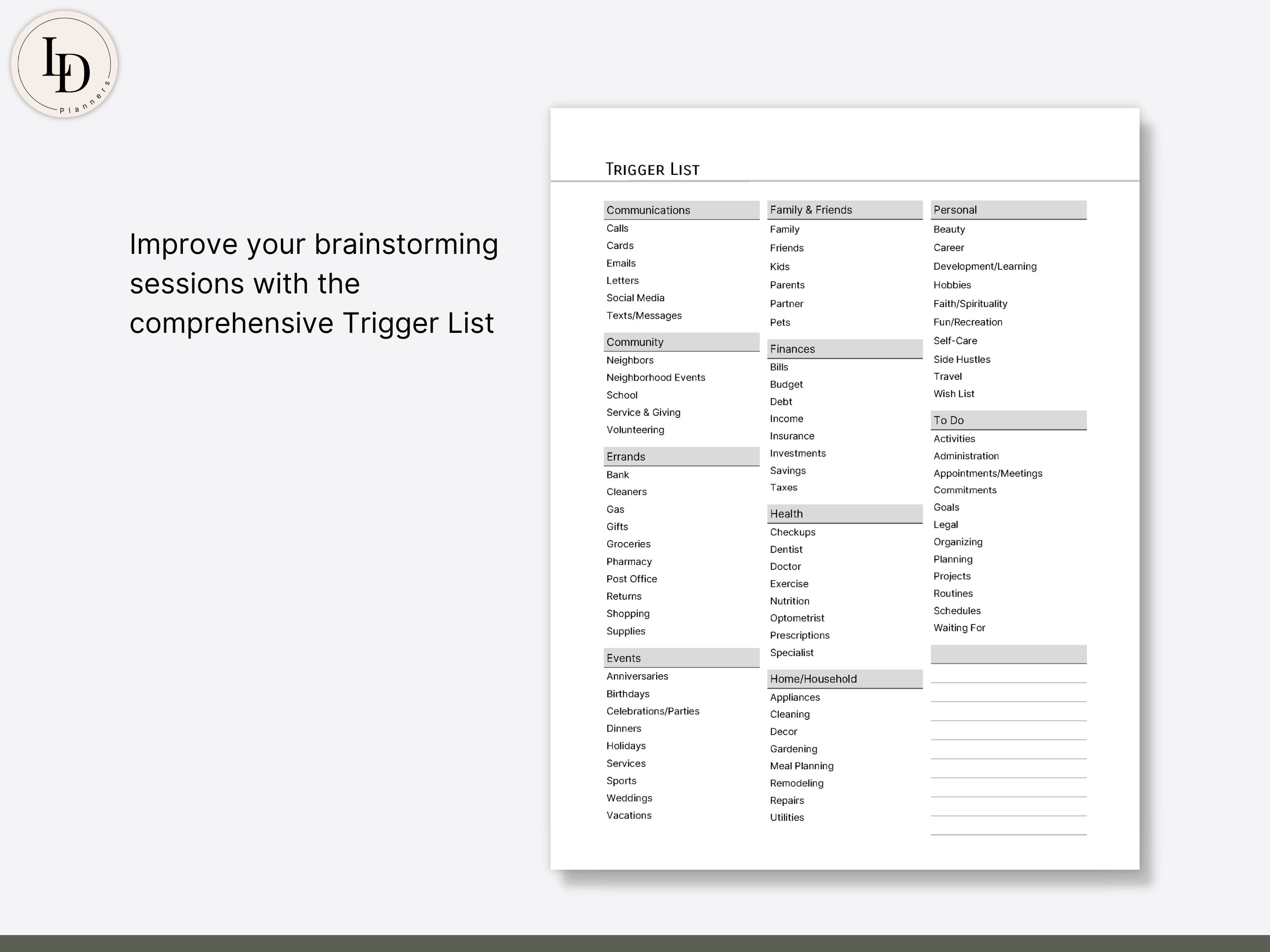 Trigger List, Brain Dumping Prompts, Productivity Planner Insert ...