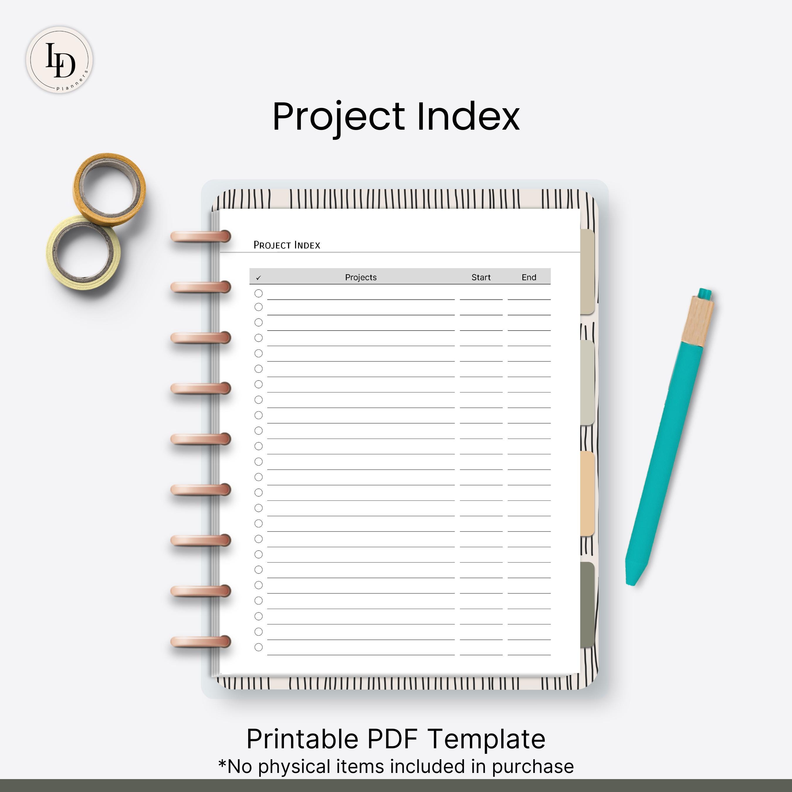 Project Index, Project Management Planner Inserts (printable PDF ...