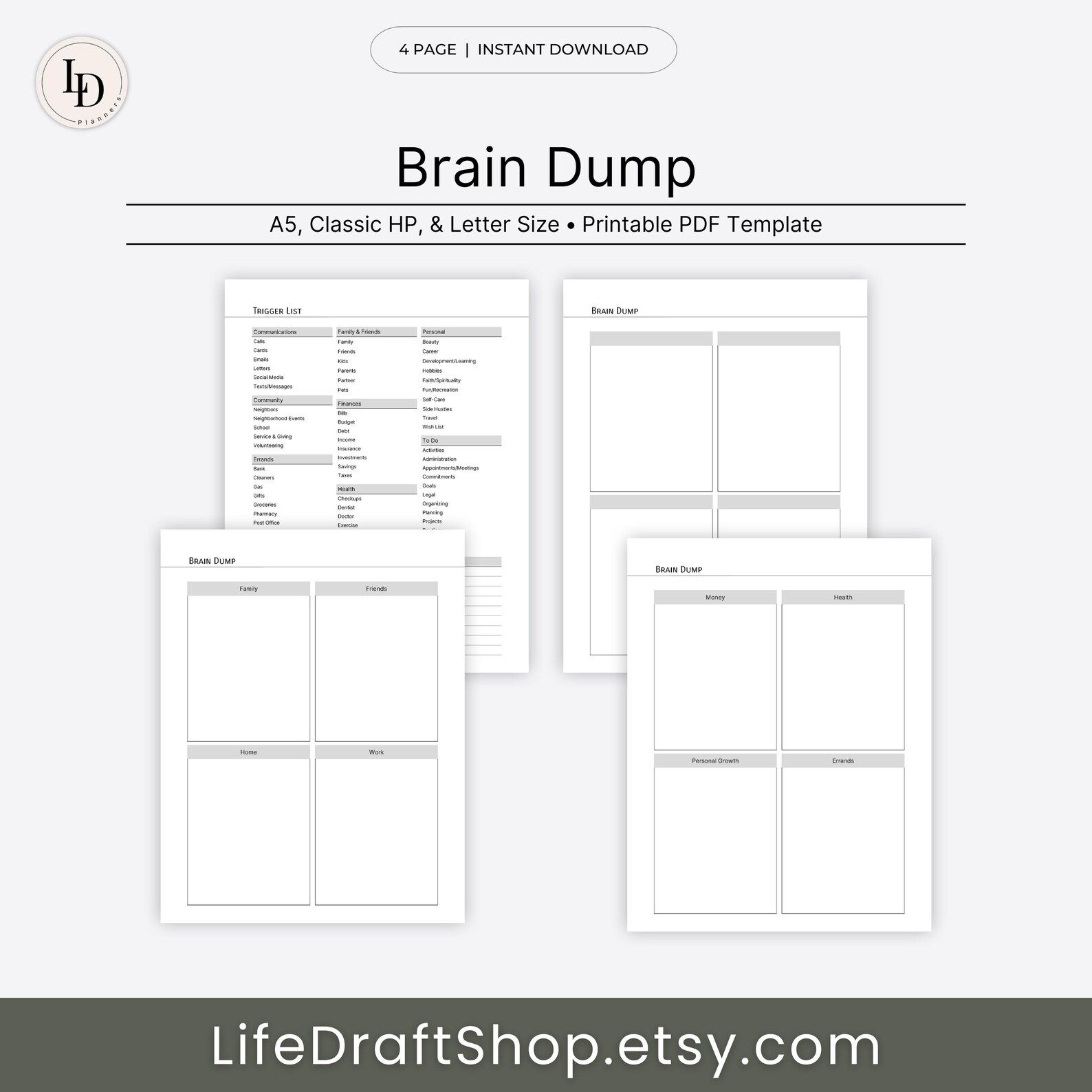 Brain Dump & Trigger List, Planner Insert (printable PDF Template) - Etsy