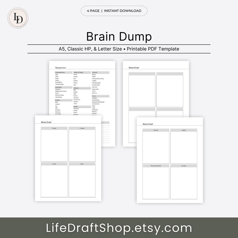 Brain Dump & Trigger List, Planner Insert (printable PDF Template) - Etsy
