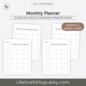 Monthly Planner Insert, 2 Page Spread Undated Calendar (printable PDF ...