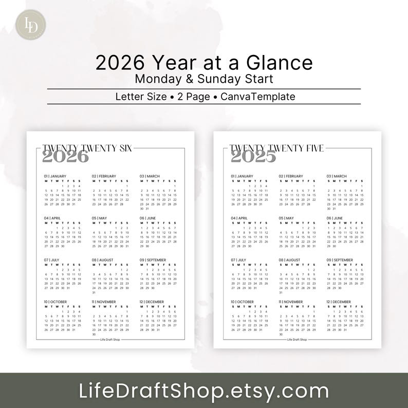 2025-2026 Year at a Glance: Dated Calendar, Monday and Sunday Start ...