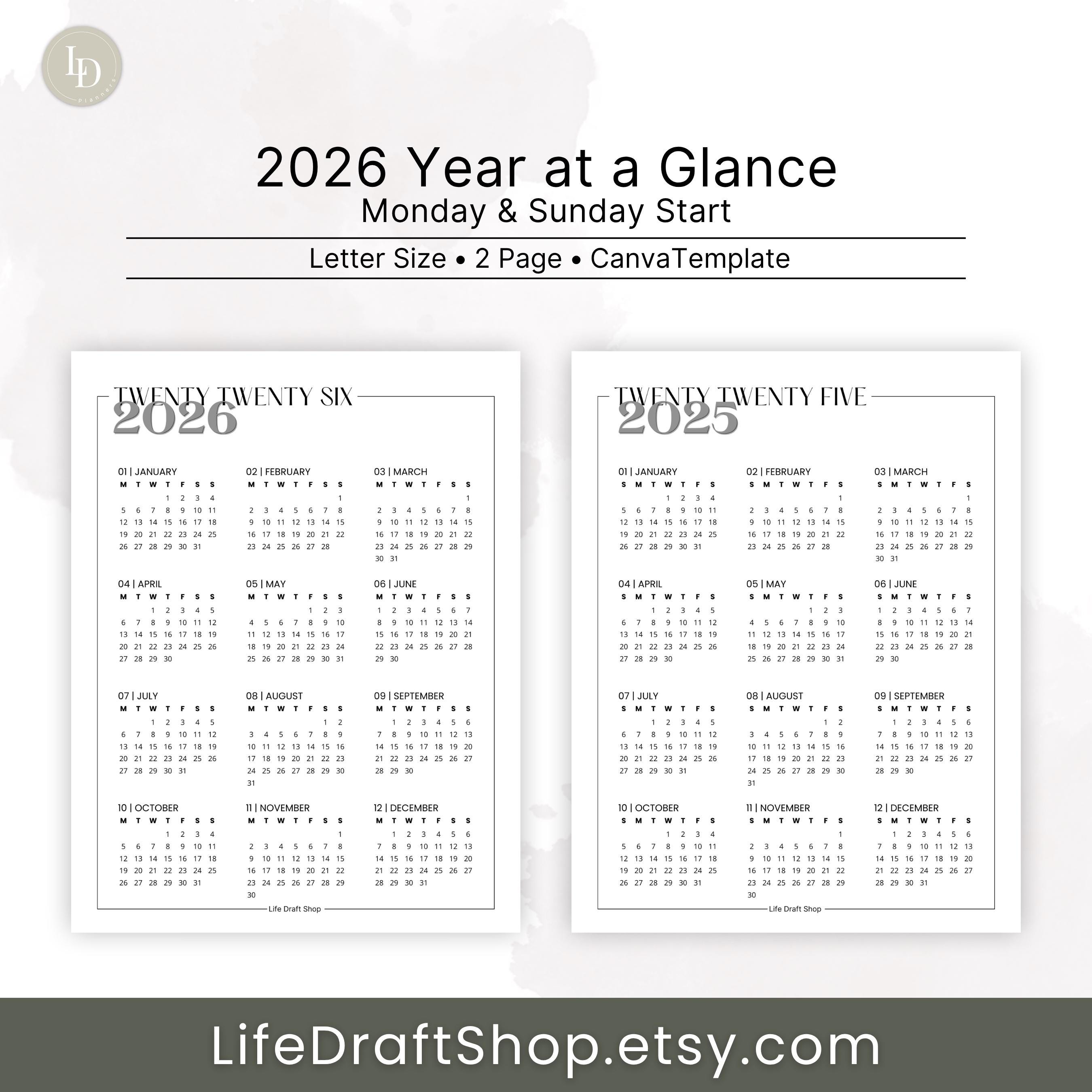 2025-2026 Year at a Glance: Dated Calendar, Monday and Sunday Start ...