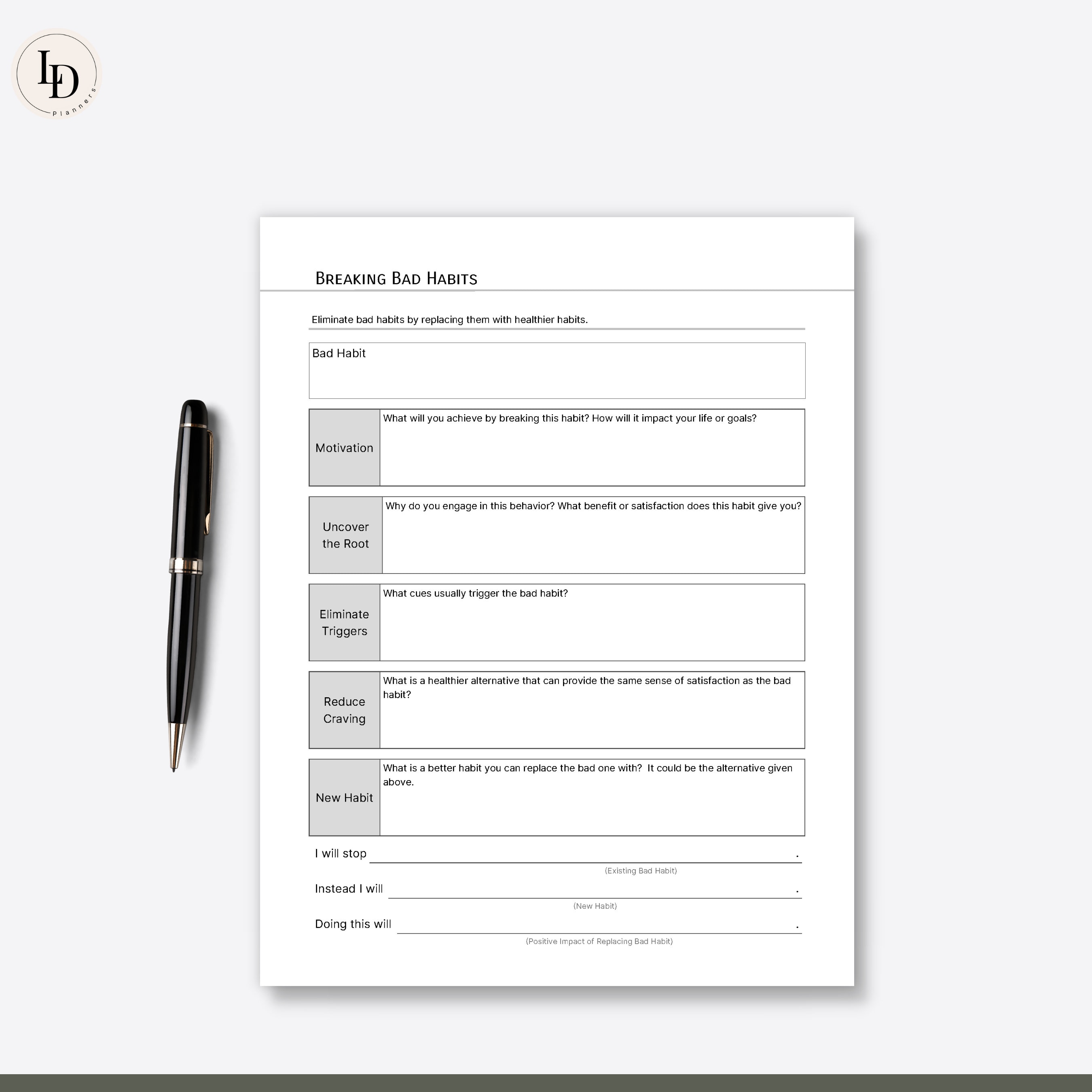 Breaking Bad Habits Worksheet Digital Productivity Planner Insert ...